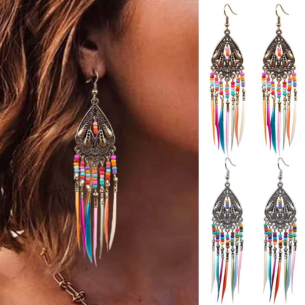 Aretes Bohemios Árbol de la Vida Borla de Plumas Plata Étnico Retro ...