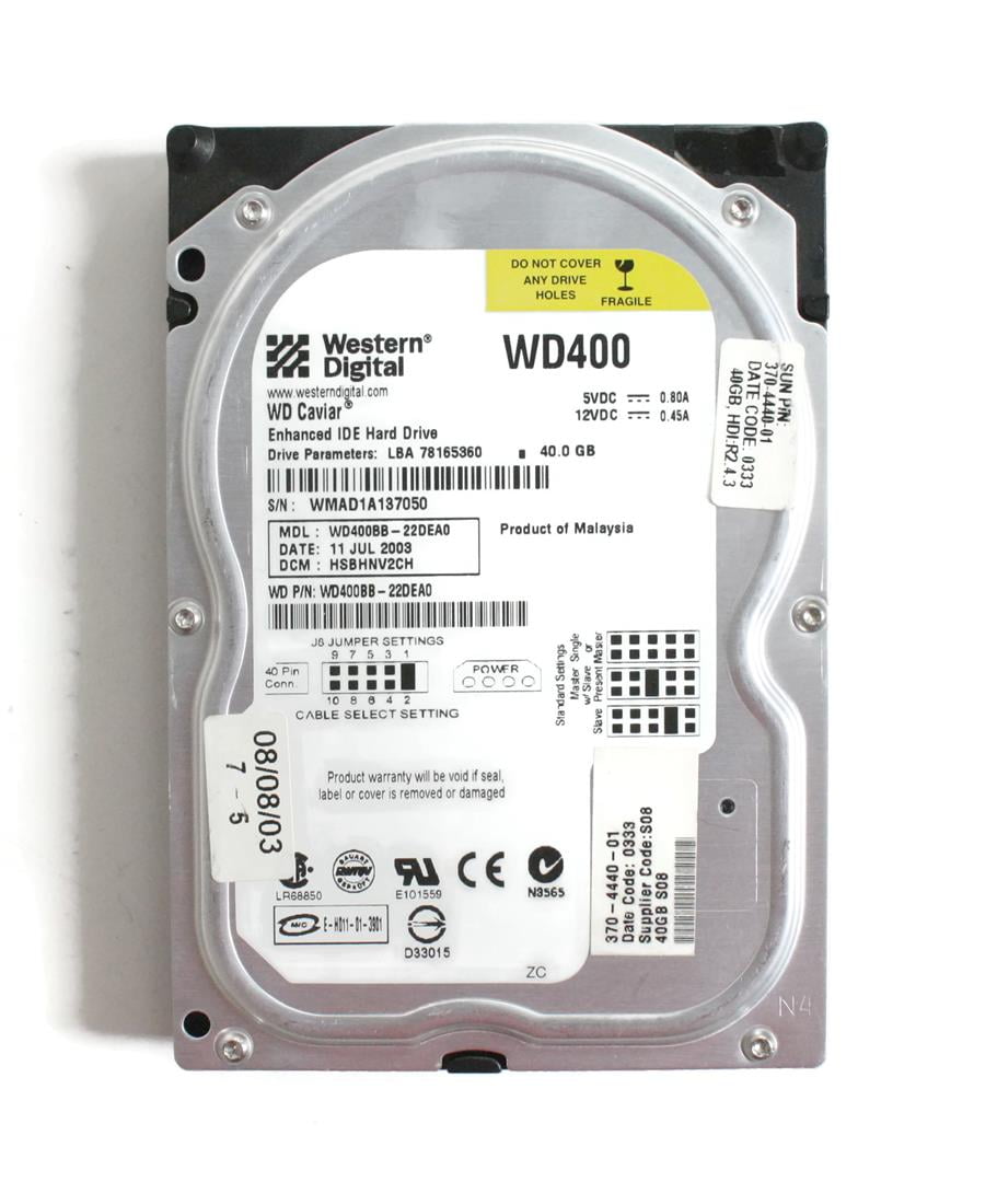 40GB IDE HDD, WD CAVIAR WD400BB-22DEA0, 11JUL2003, DCM: HSBHNV2CH, 370 ...