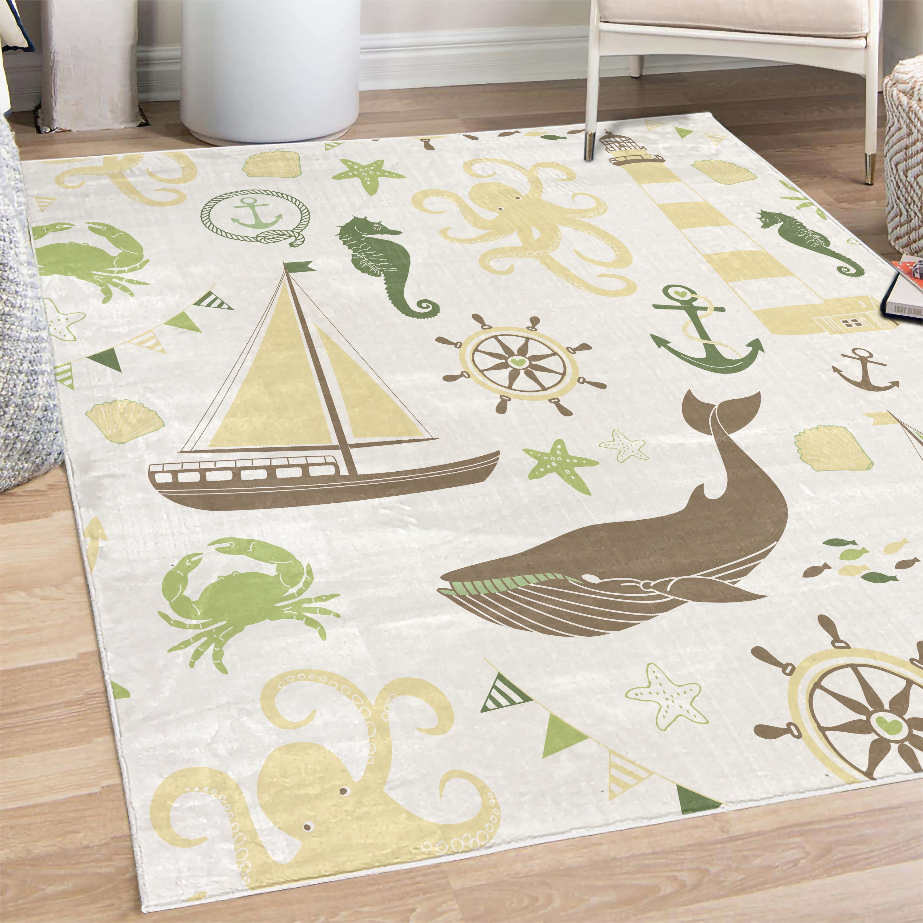 Nautical Decorative Rug, Pastel Colored Composition of Lighthouse ...