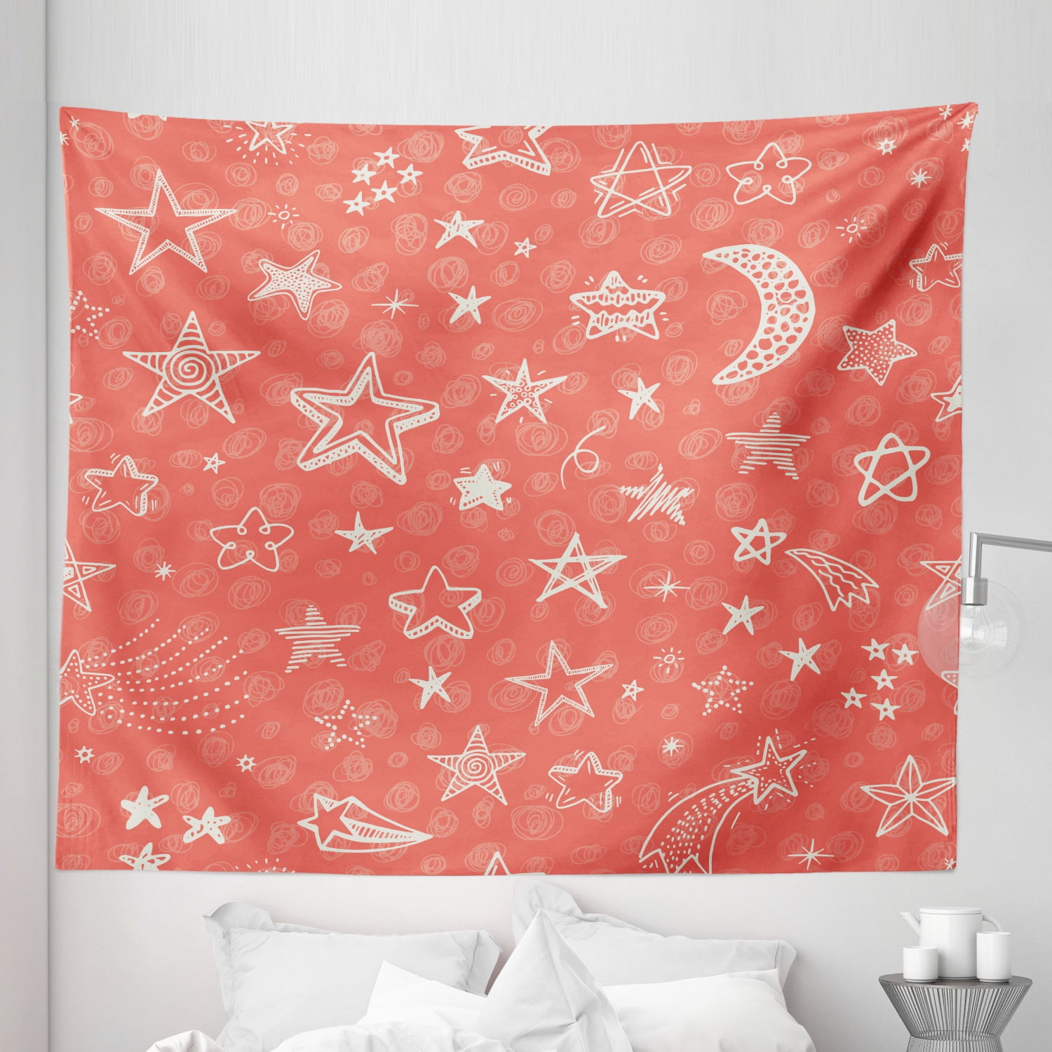Coral Tapestry, Moon and Stars Theme Pattern Starry Night Shooting ...