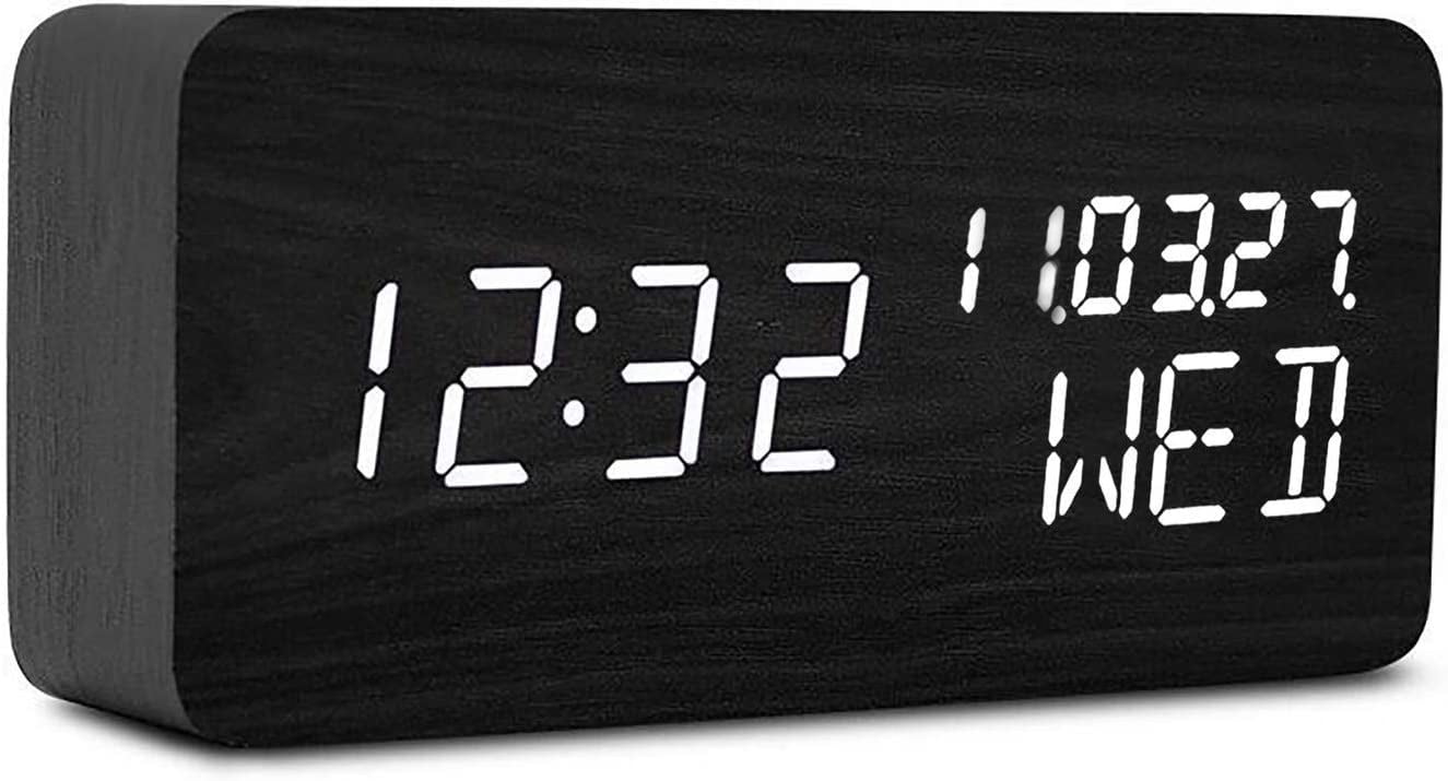 Pokanic Wood Digital Alarm Clock Desk Time, Date(MM / DD / YY), Day of ...