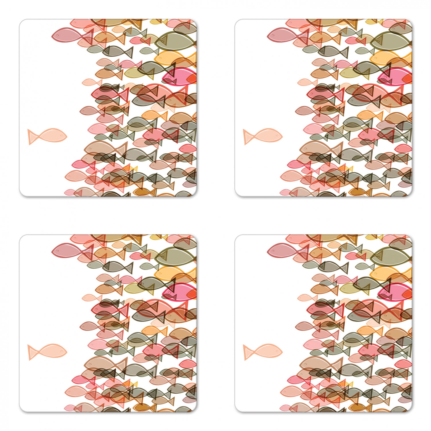 Nautical Coaster Set of 4, Fish Flock Facing Others Design Seashore ...