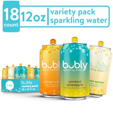 Bubly Sparkling Water, Bellini, Strawberry Sunset and Coconut Variety Pack, 12oz can, 18 ...