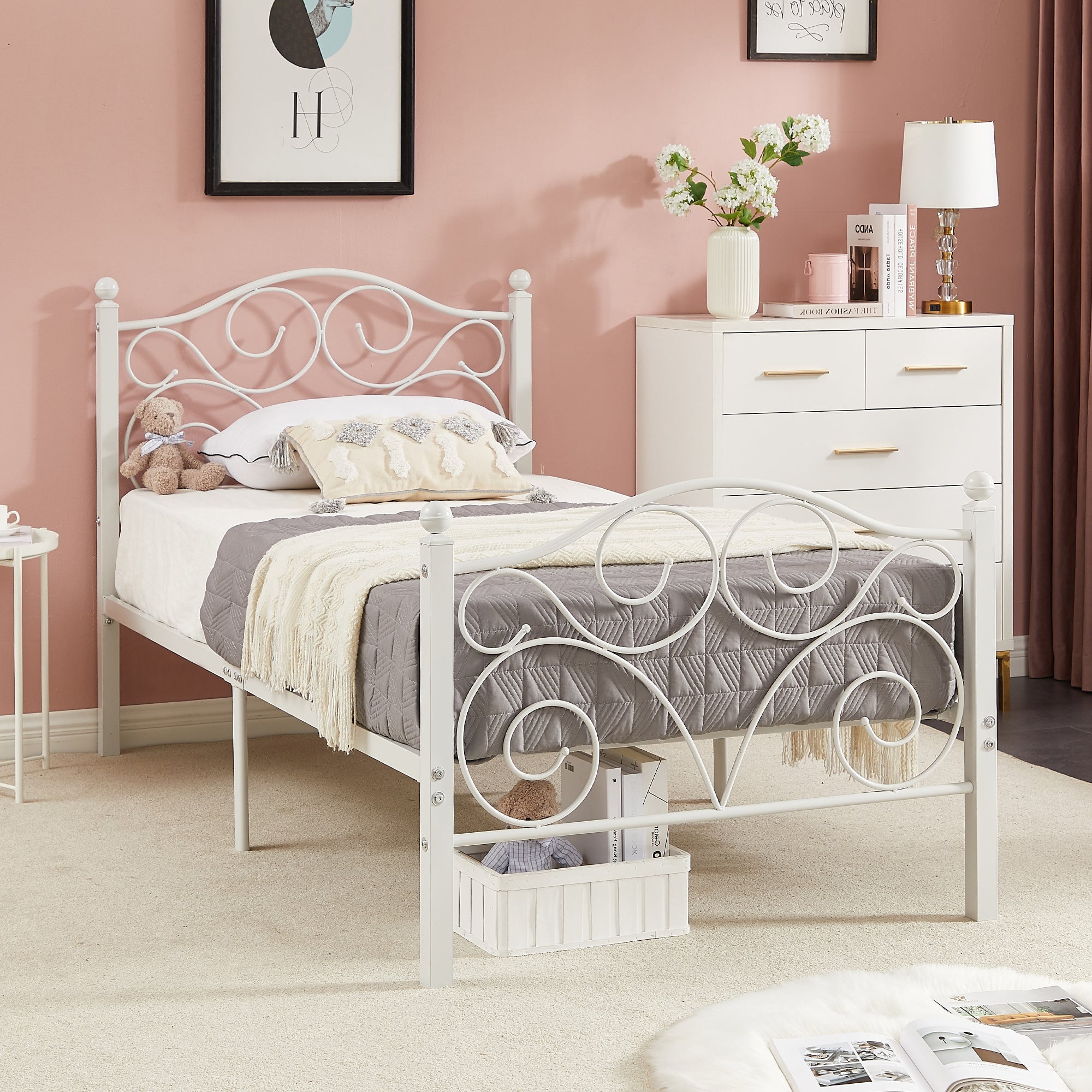 VECELO Twin Metal Bed Frame with Headboard & Footboard, Box Spring ...