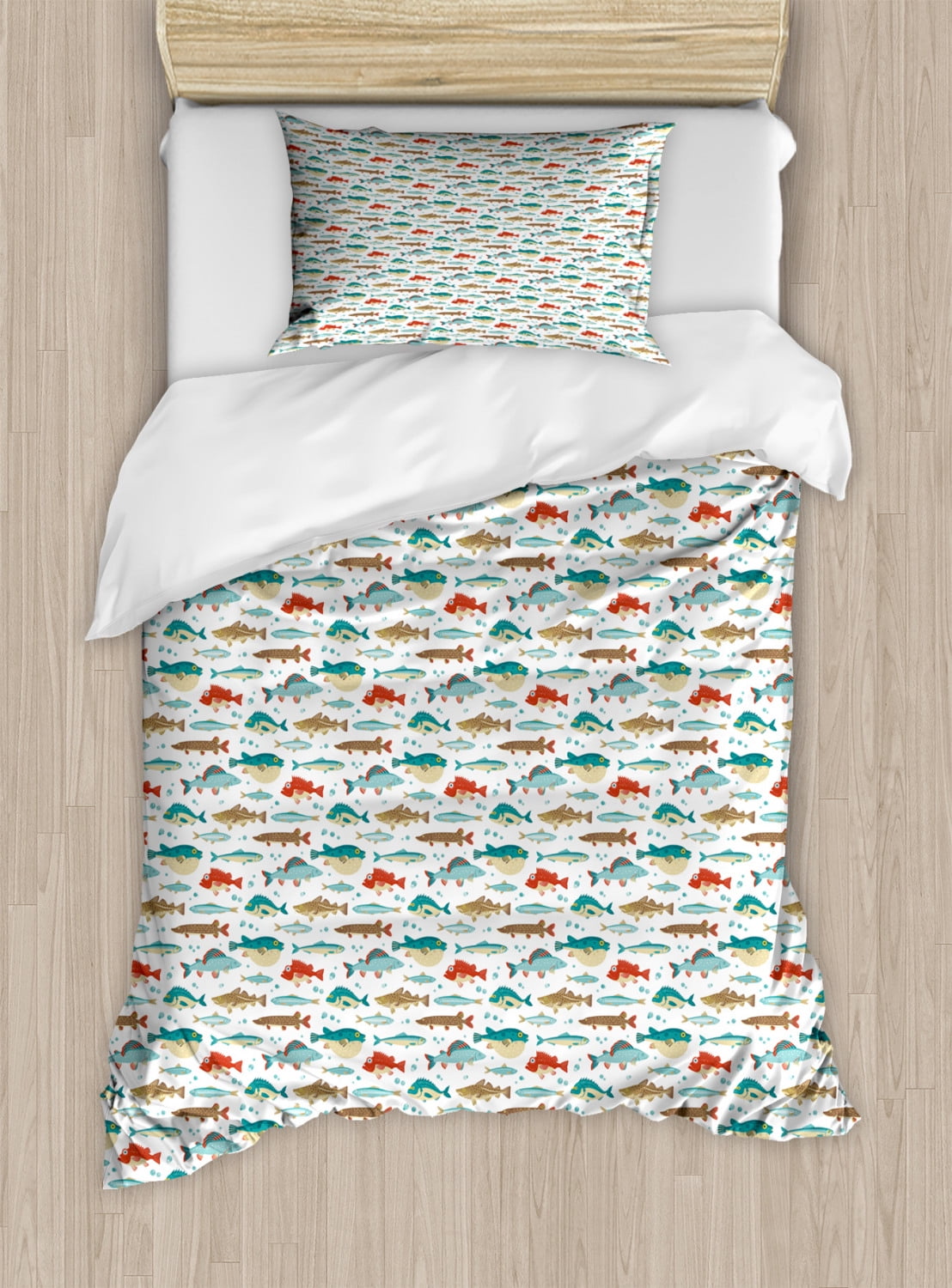 Fish Duvet Cover Set Twin Size, Colorful Ocean Fish Cartoon Pufferfish ...