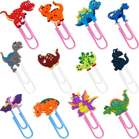 12 Pieces Dinosaur Bookmark Clip Cute Dinosaur Paper Clip PVC Soft ...