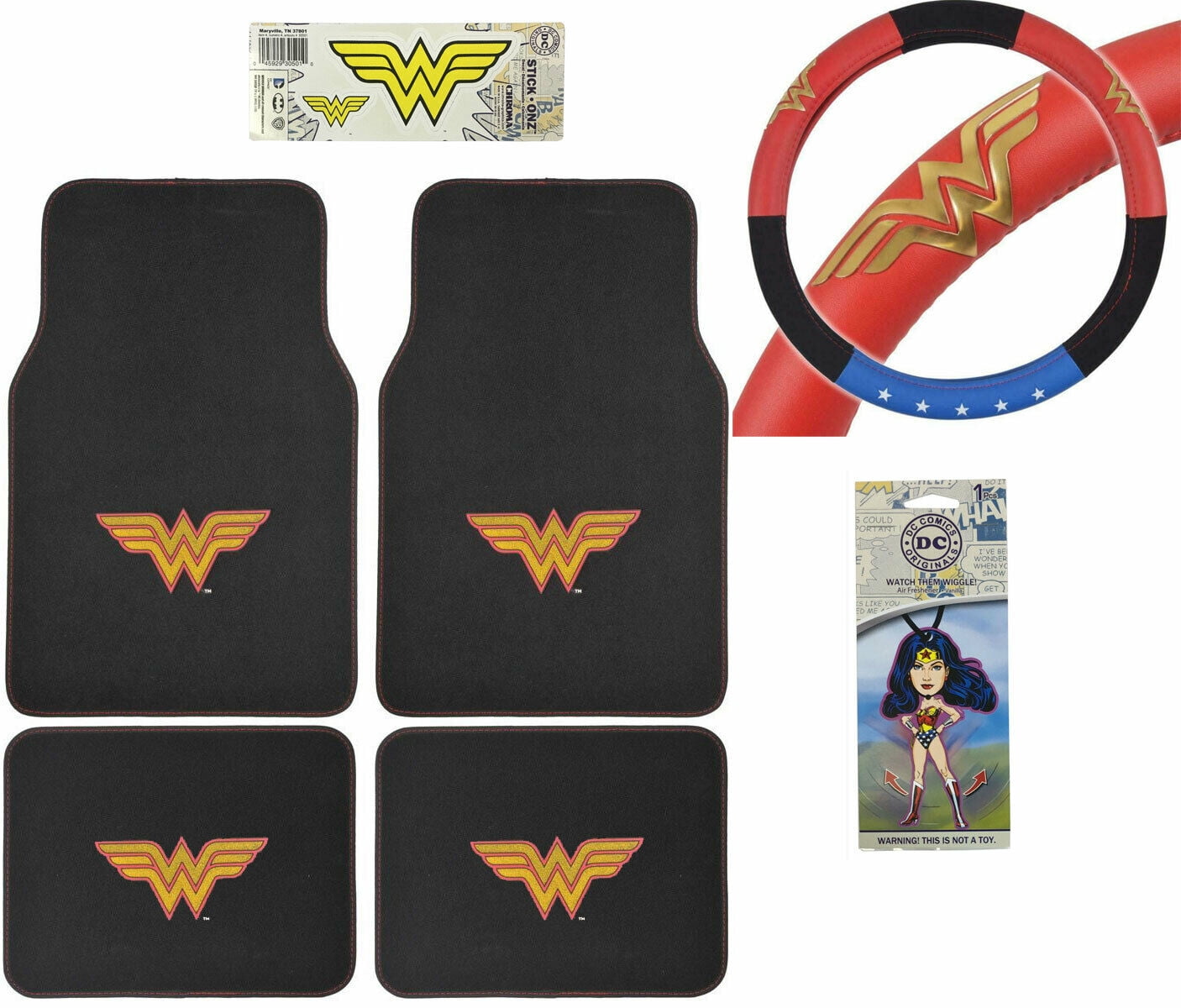 7PC Wonder Woman Car Truck Carpet Floor Mats Steering Wheel Cover Air ...