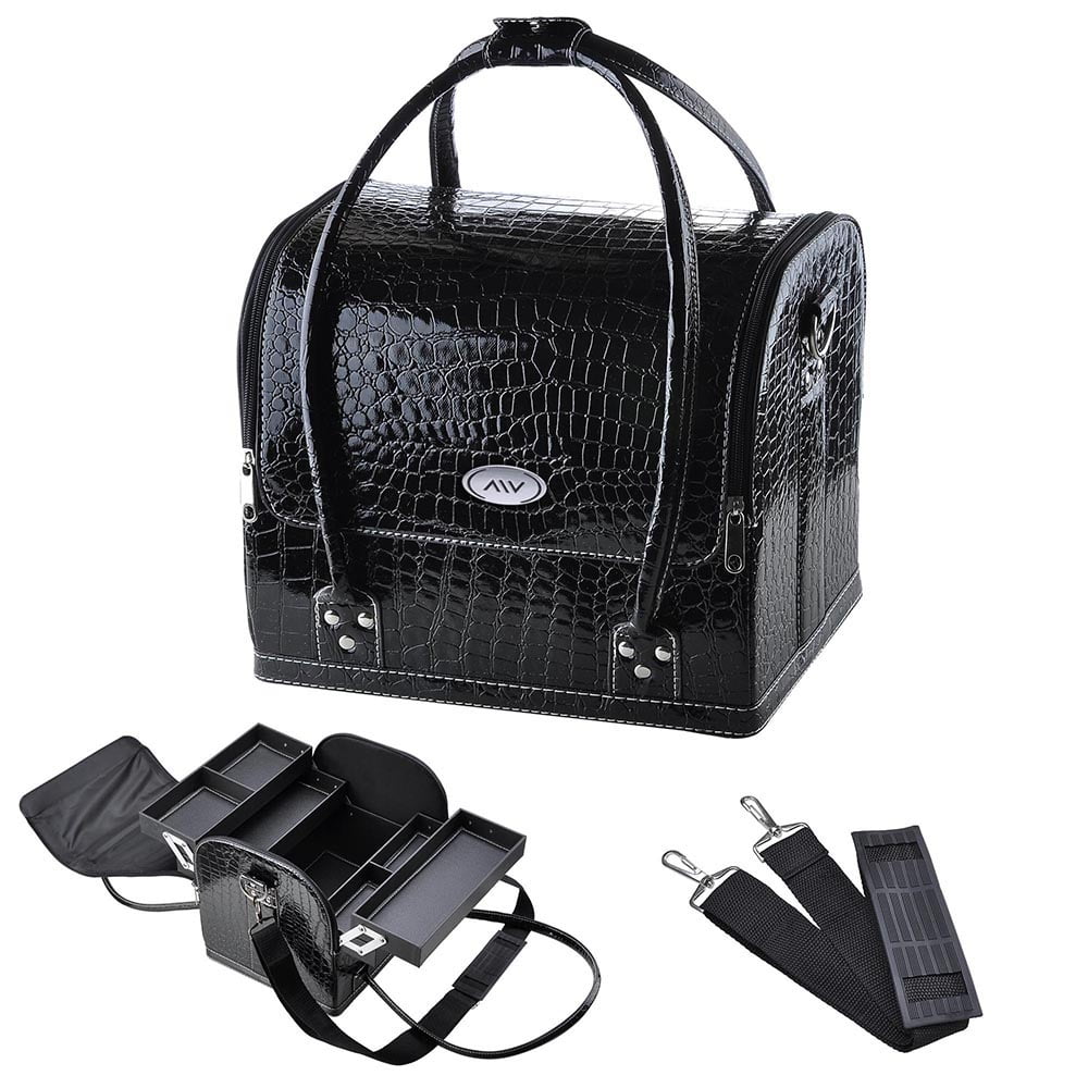 AW® Black 11x9x10" Crocodile Makeup Cosmetic Train Bag Handbag Case w ...