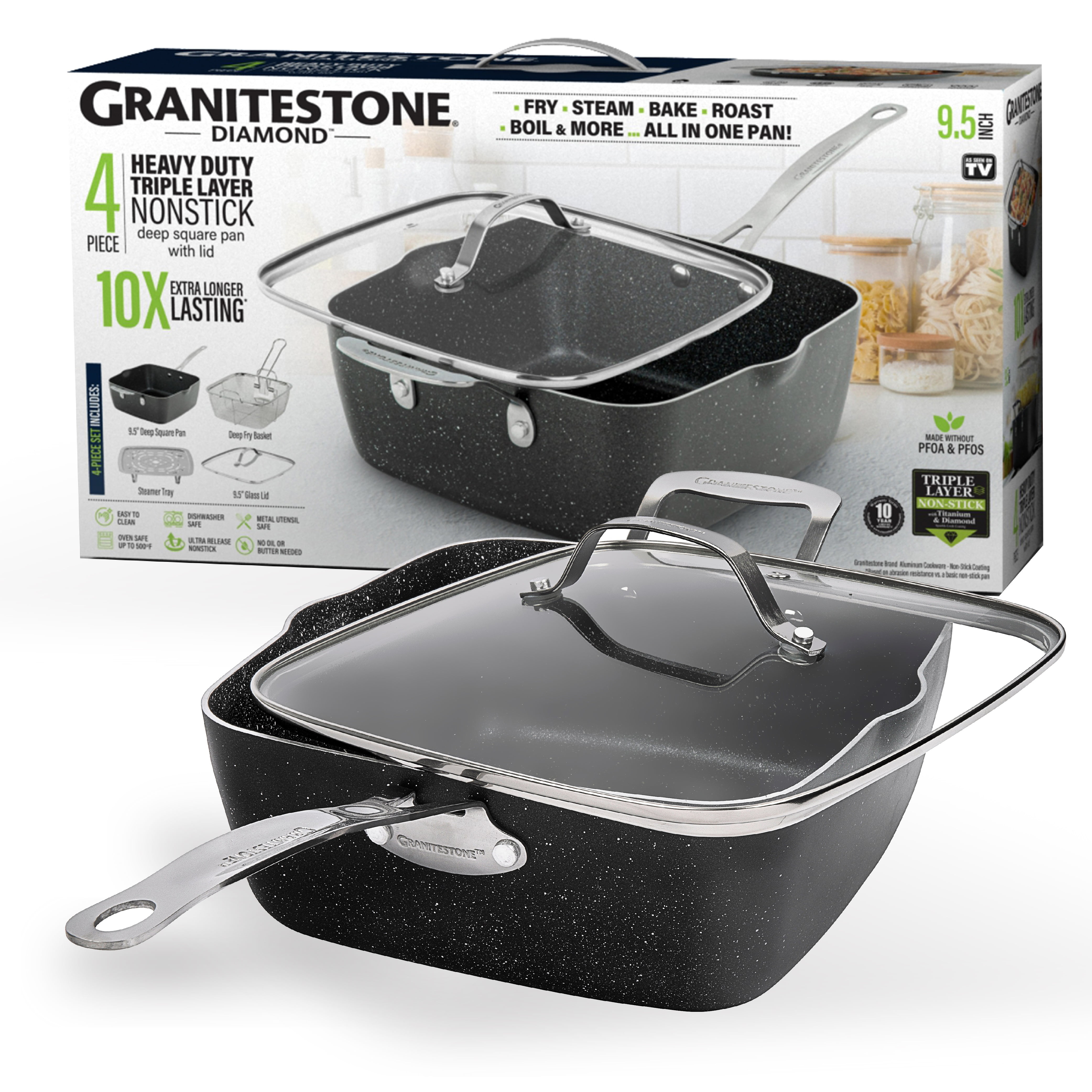 Granitestone Nonstick Fry Pan Set 9.5inch Deep Square Frying Pan Frying ...