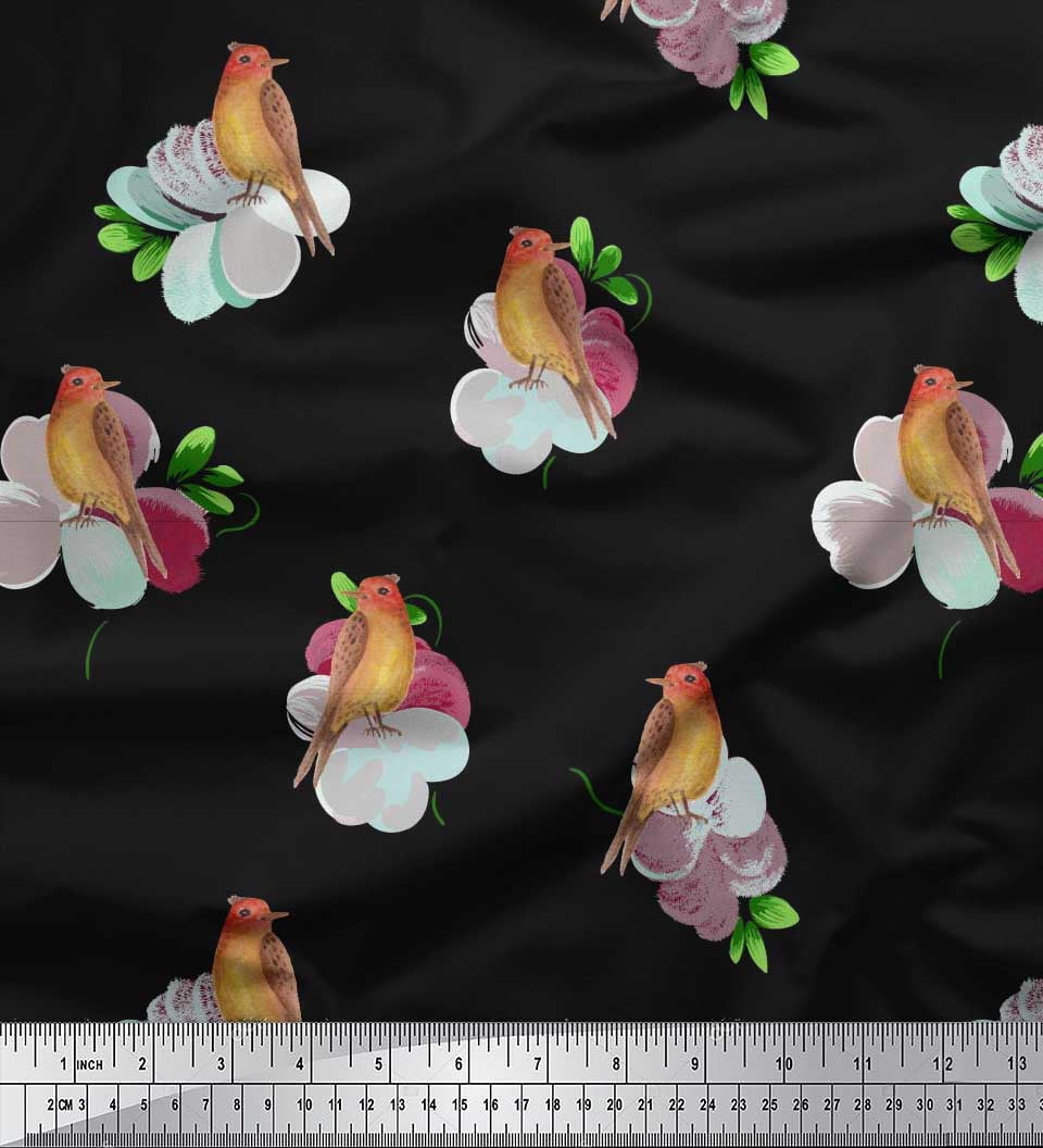 Soimoi Black Cotton Voile Fabric Floral & American Robin Bird Print ...