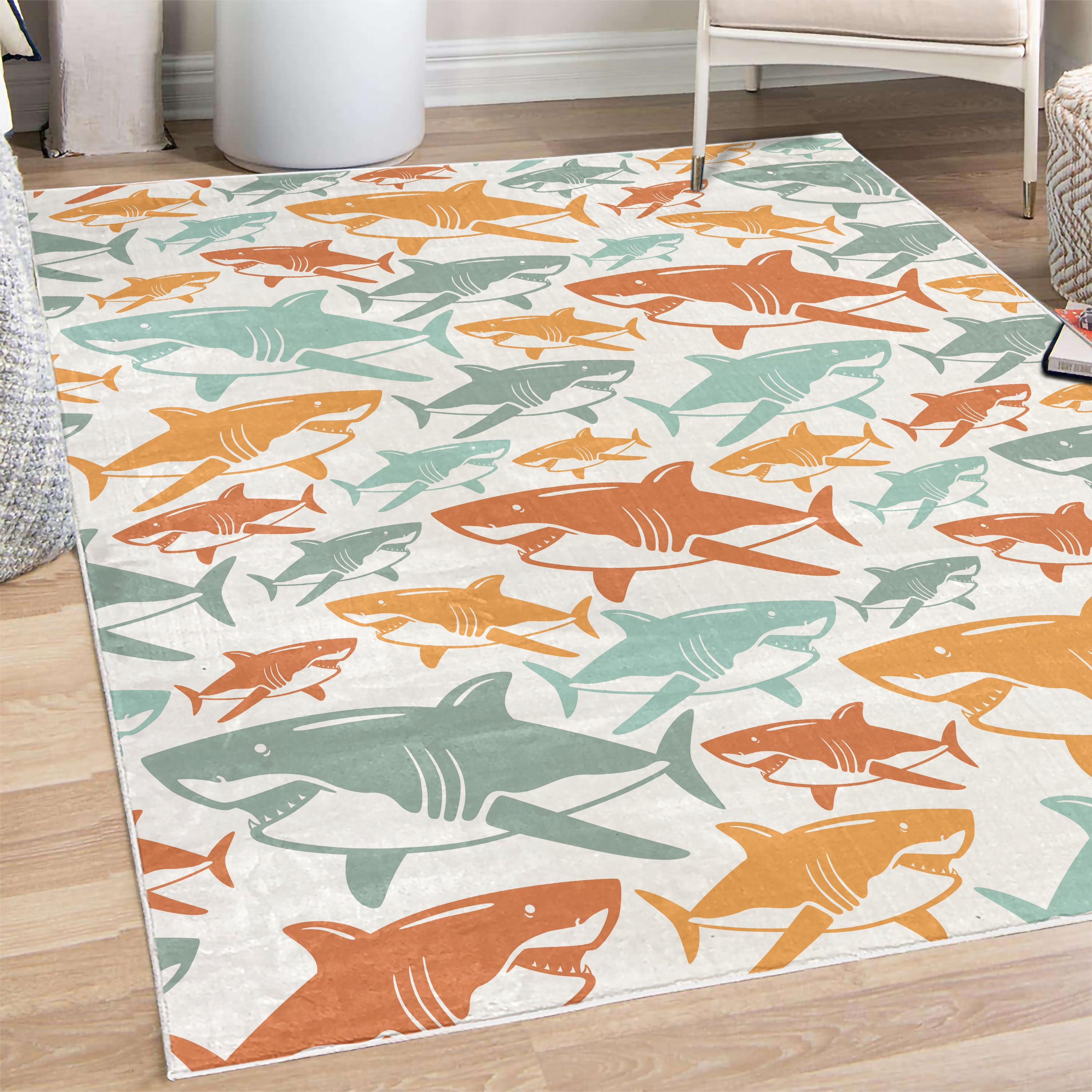 Shark Decorative Rug, Colorful Underwater Fish Pattern Masters Survival ...