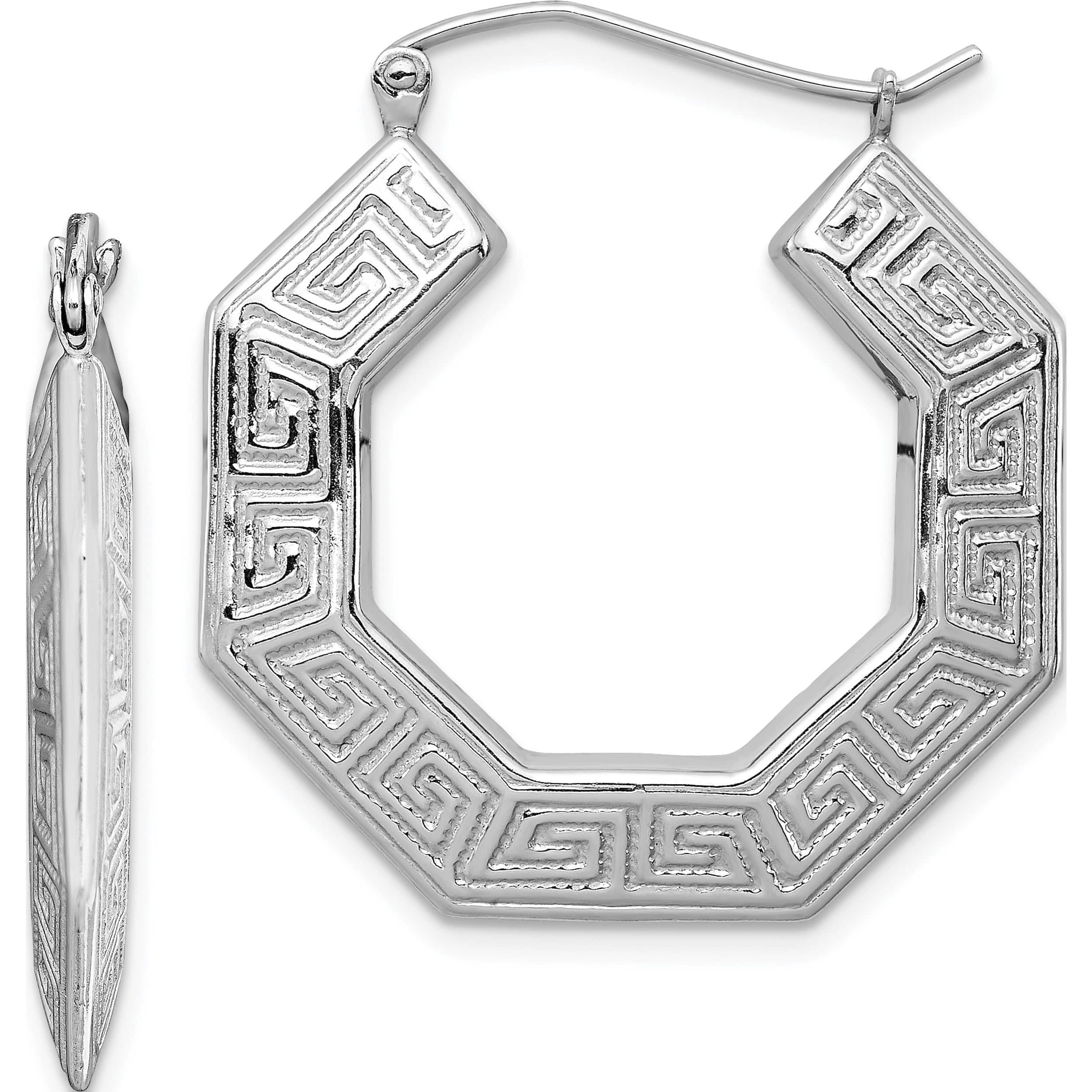 Sterling Silver Rhodium-Plated Greek Key Hoop Earrings (30 X 27) Made ...