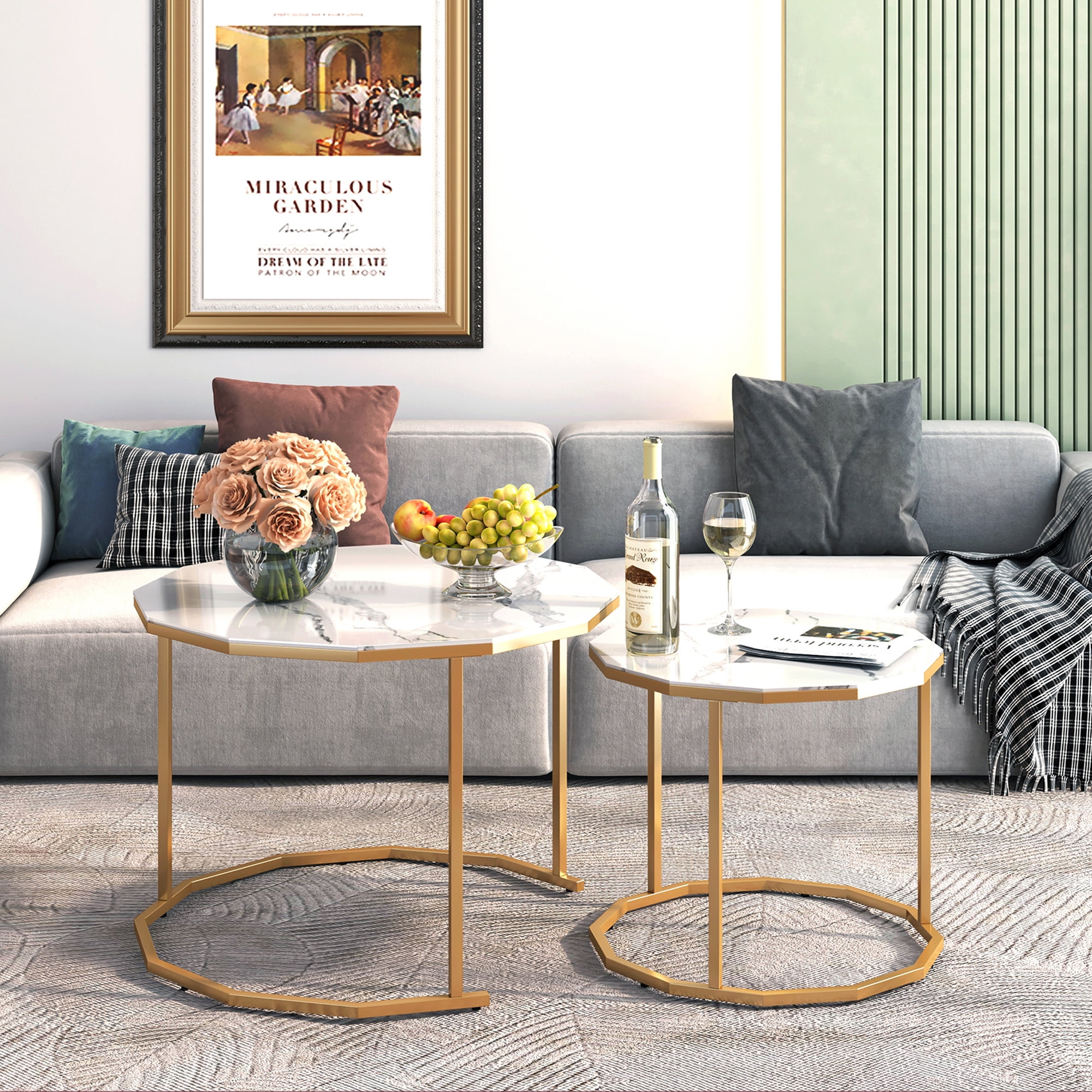 SYNGAR 12-Gon Shape Nesting Coffee Table Set of 2, Modern Accent Coffee Table with Marble Top ...