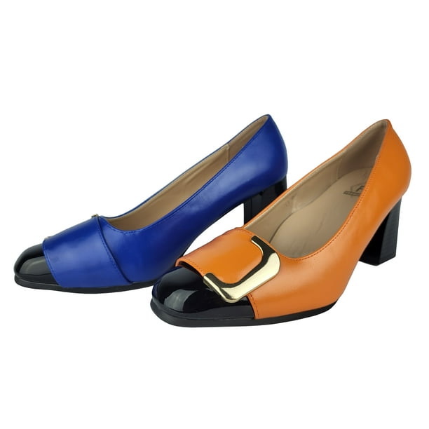 Ferwind Women's Pumps Slip-on High Chunky Heel Goldtone Buckle Female ...