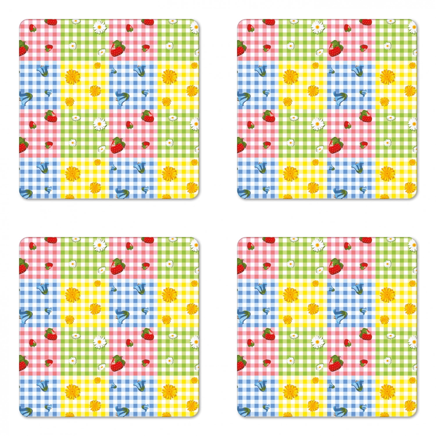 Spring Coaster Set of 4, Colorful Pattern with Strawberries Chamomiles ...