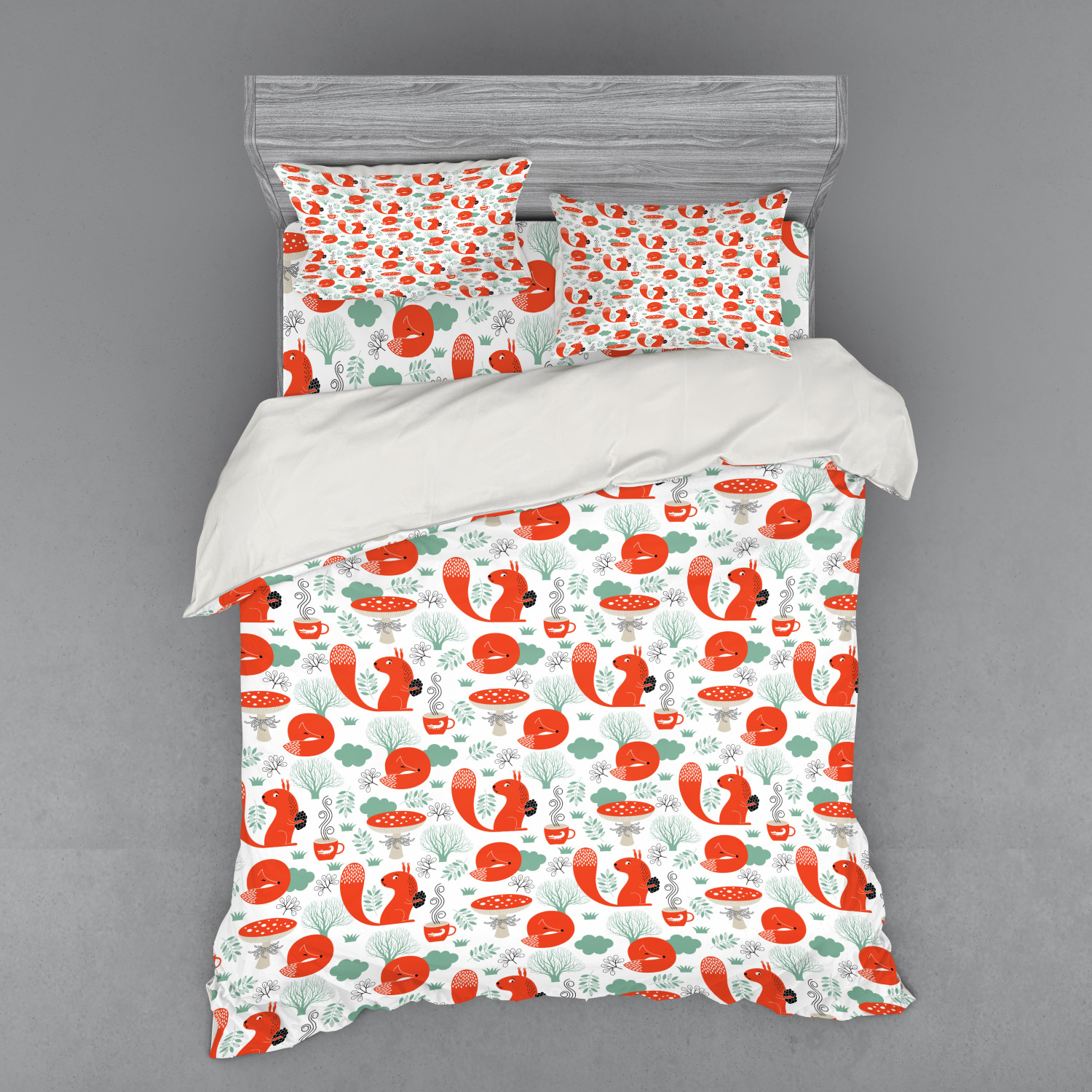 Fox Duvet Cover Set, Small Forest Animal Pattern with Foliage Leaves ...