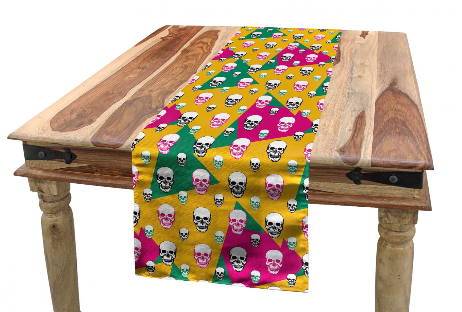 Skull Table Runner, Head Bones Print on Colorful Geometric Triangle ...
