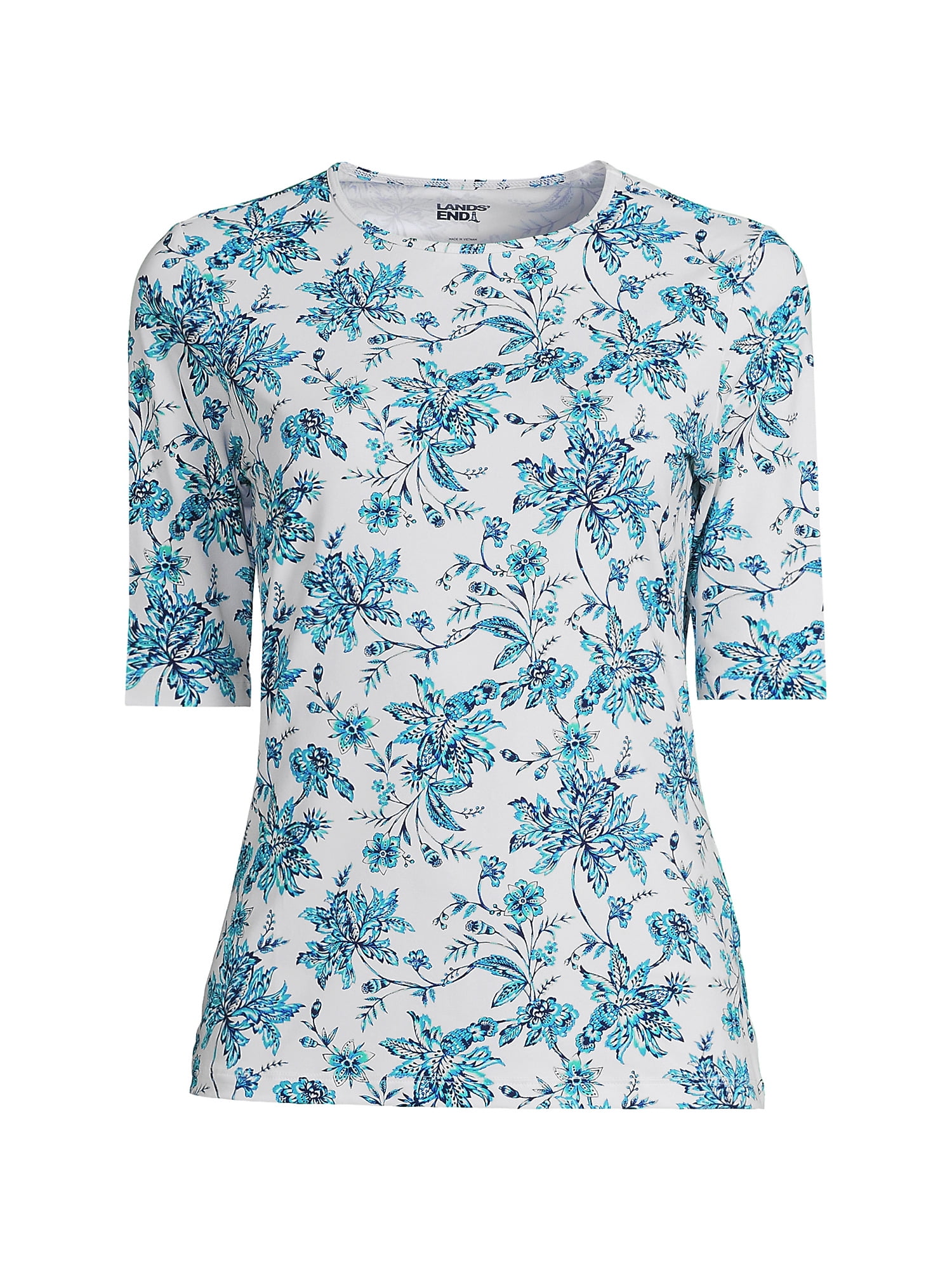Lands' End Women's Plus Size Crew Neck Elbow Sleeve Rash Guard UPF 50 ...