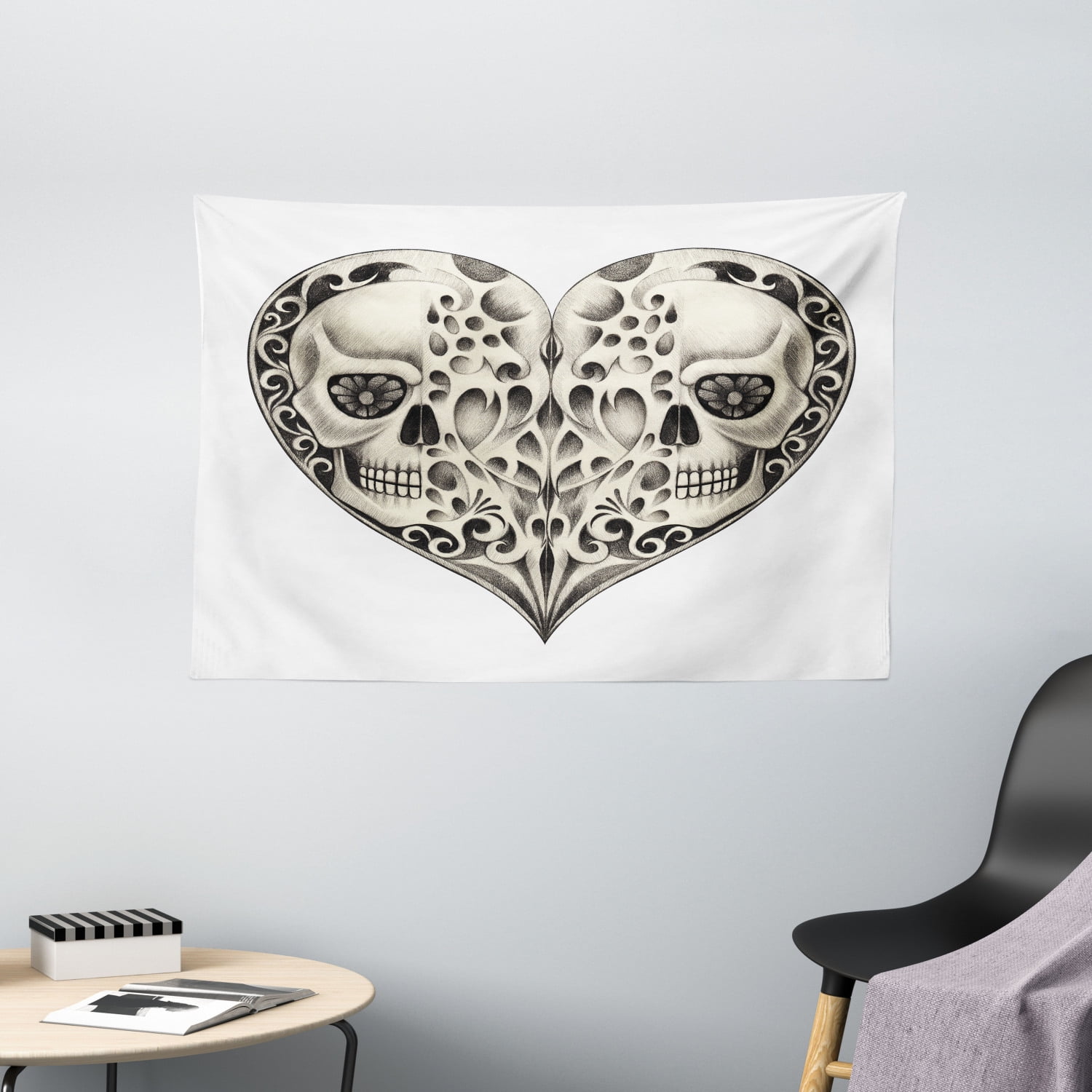 Day Of The Dead Decor Tapestry, Twin Half Fire Design in Hearts Festive ...