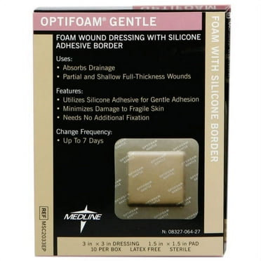 Medline Optifoam® Gentle Silicone-Faced Foam & Border with Liquitrap™ Core Dressings, 4" x 4 ...