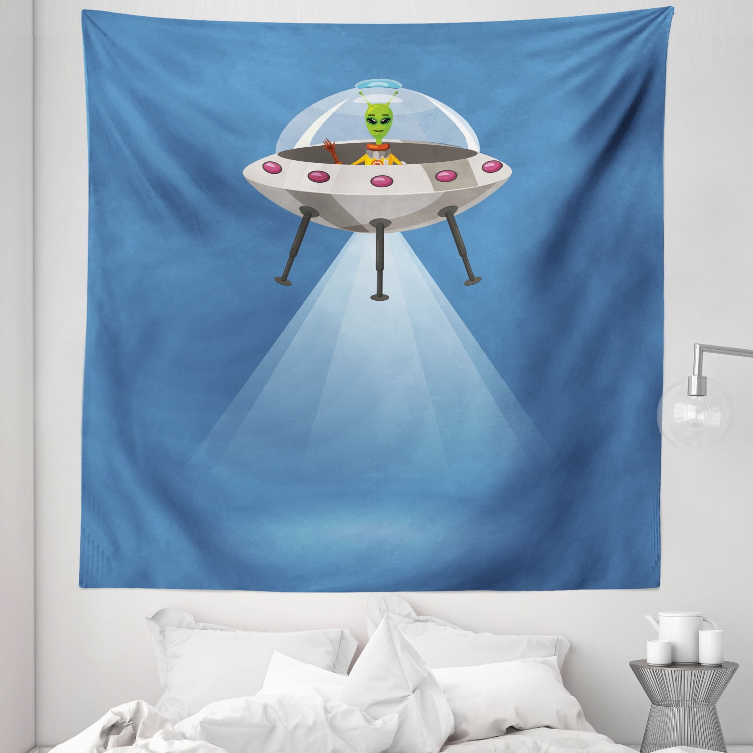 Alien Tapestry, Flying UFO with a Green Creature Waving ...