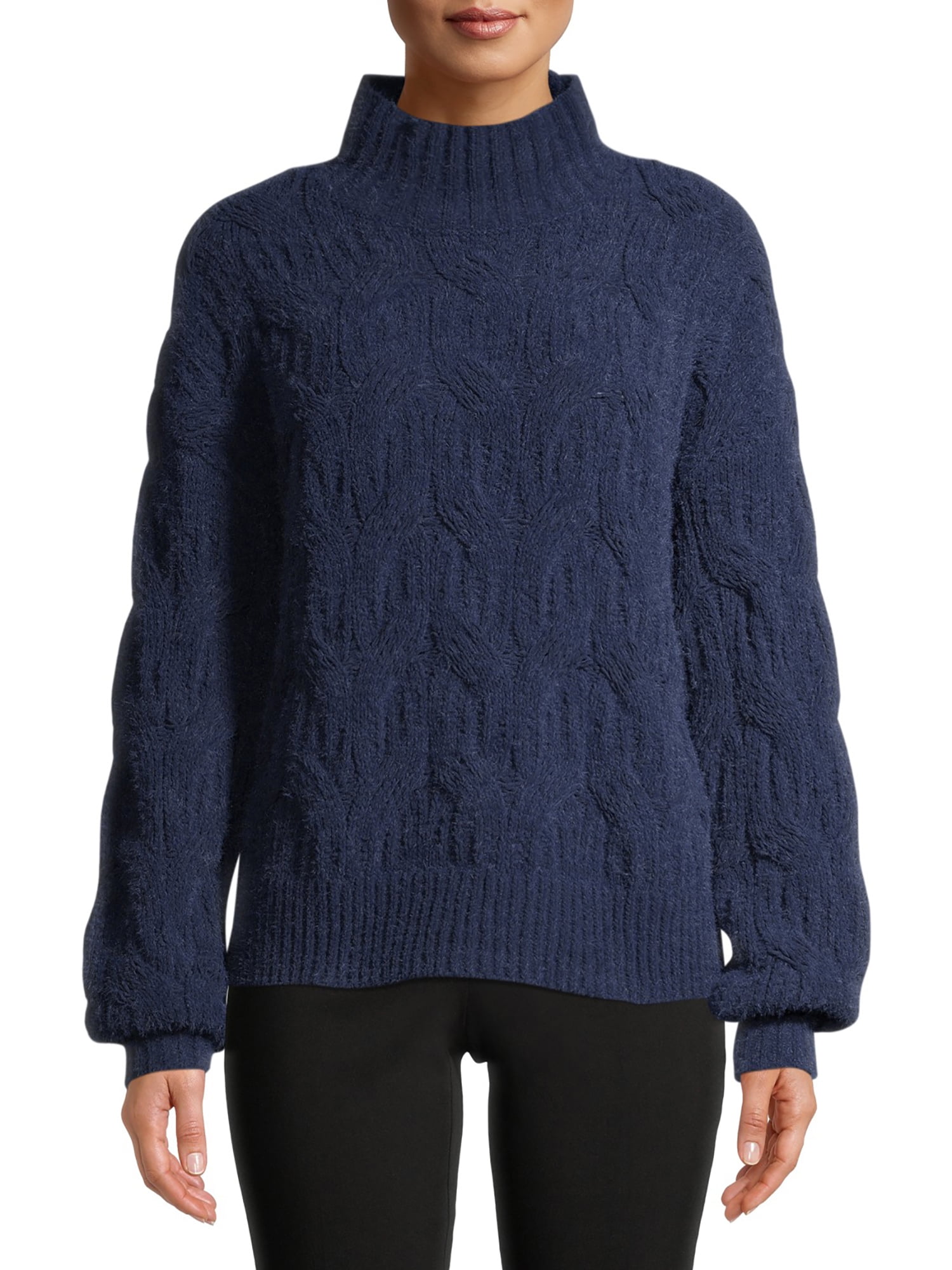 Time and Tru Women's Mock Neck Cable Knit Sweater - Walmart.com