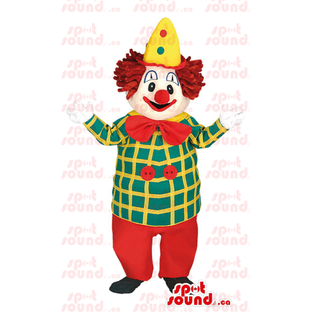 Clown SPOTSOUND Mascot With Red Bow Dressed In A Green And Yellow ...