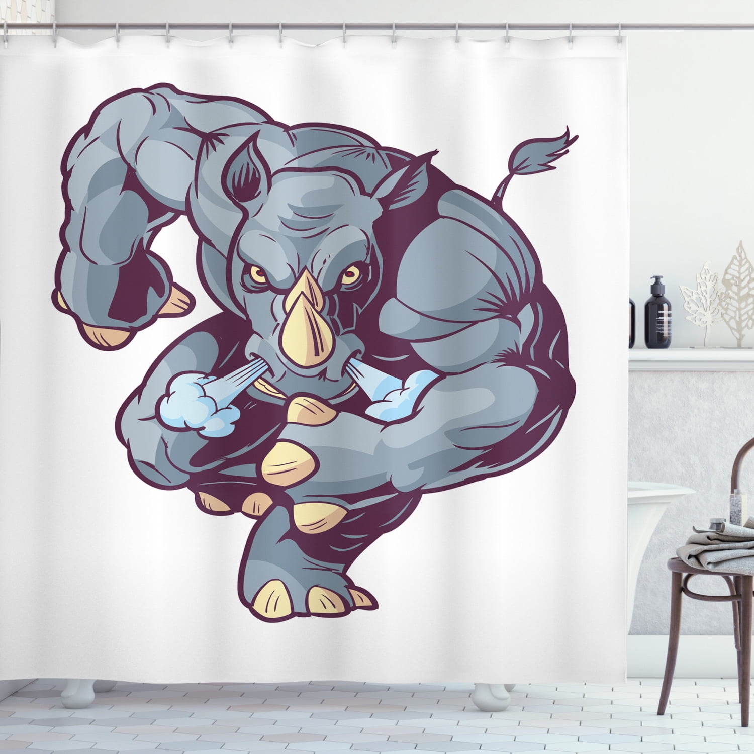 Rhino Shower Curtain, Cartoon Anthropomorphic Mascot Running Forward ...