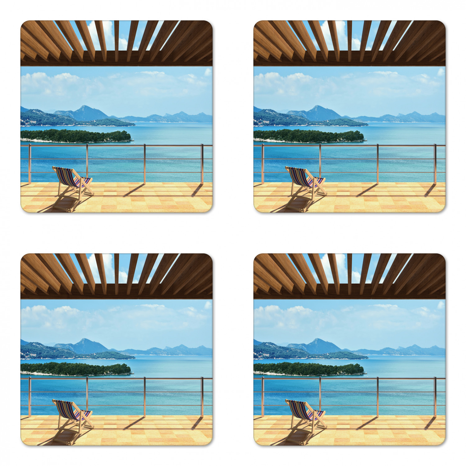 Ocean Coaster Set of 4, Interior Balcony Panoramic Seascape Coastal ...