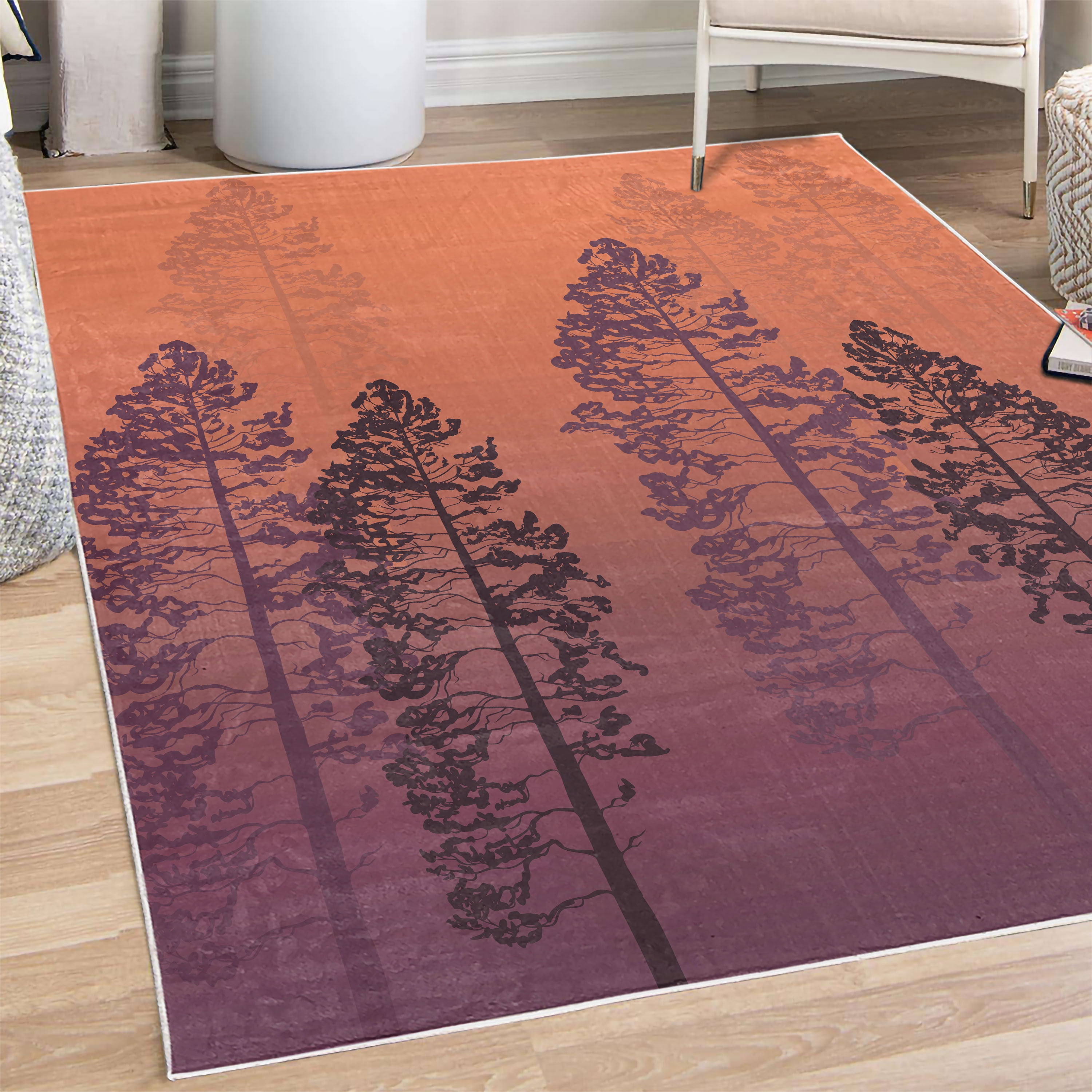 Country Decorative Rug, Pine Trees in the Forest on Foggy Seem Ombre ...