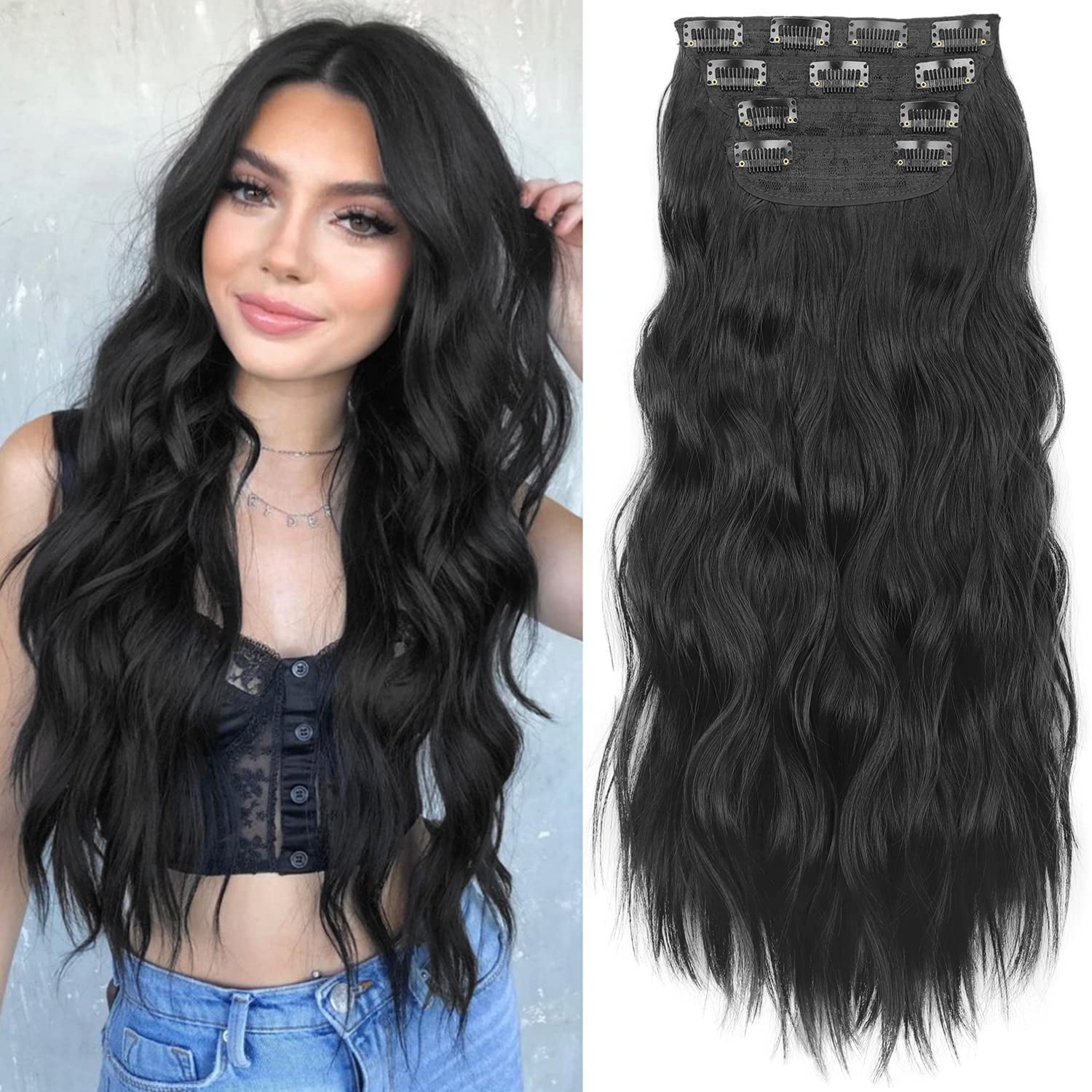 Extensiones de cabello sintético con clip, postizos ondulados largos y ...