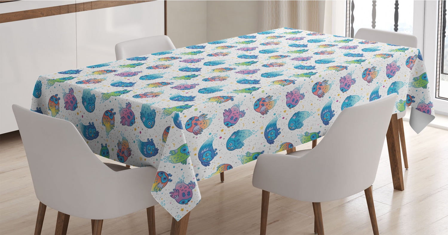 Owl Tablecloth, Fantasy World Themed Ghost Creatures with Colorful Dots ...