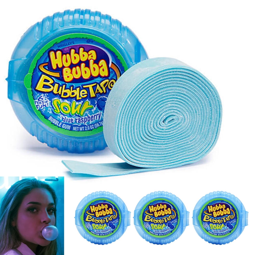 3 Pack Hubba Bubba Sour Blue Raspberry Bubble Gum Tape Fun Chewing Gum