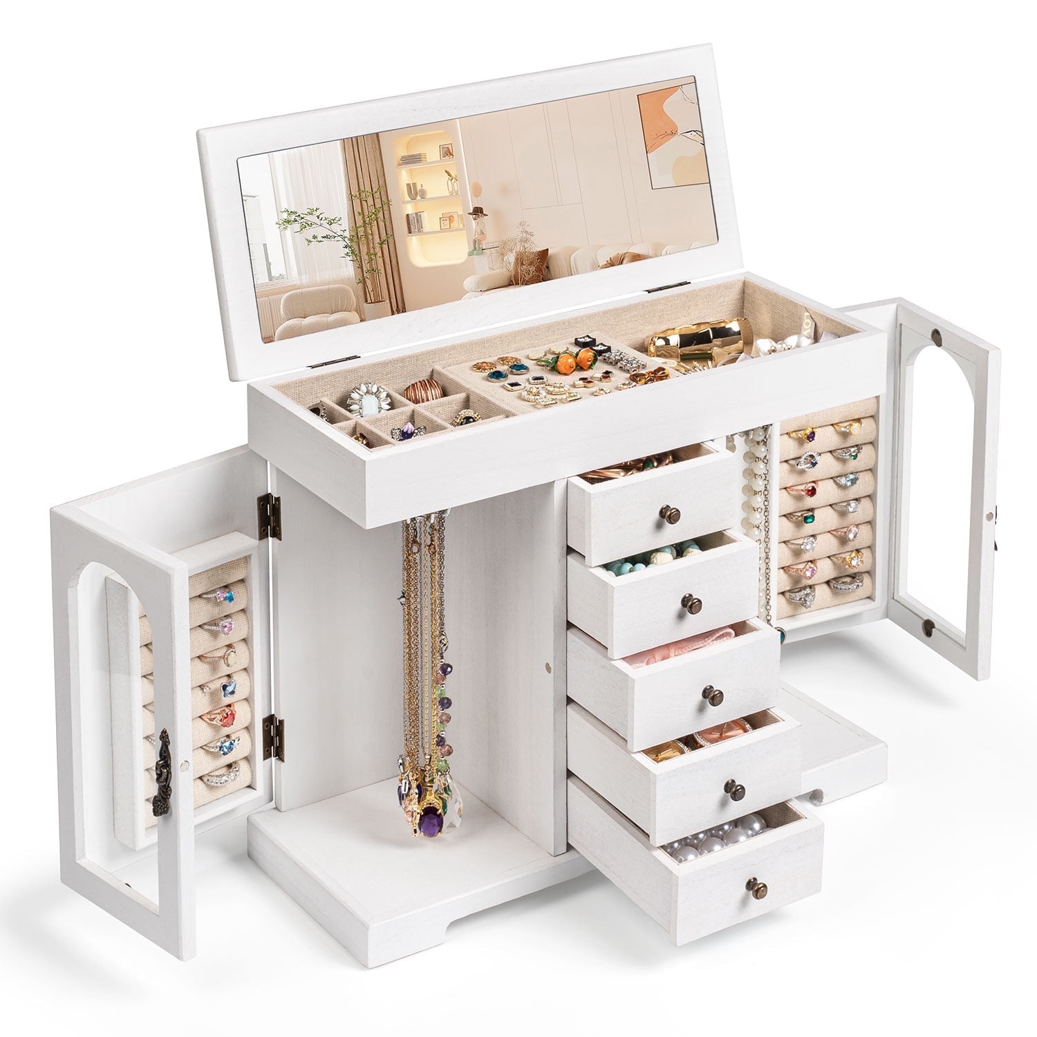 Jewelry Box for Women Girls, Wooden Jewelry Organizer Box with Mirror ...