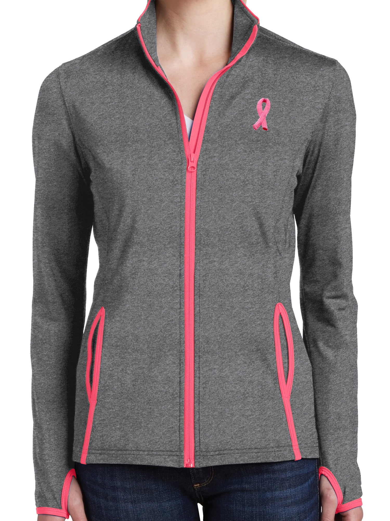 Womens "Breast Cancer Ribbon Patch" Full-Zip Jacket - Charcoal Grey/Hot ...