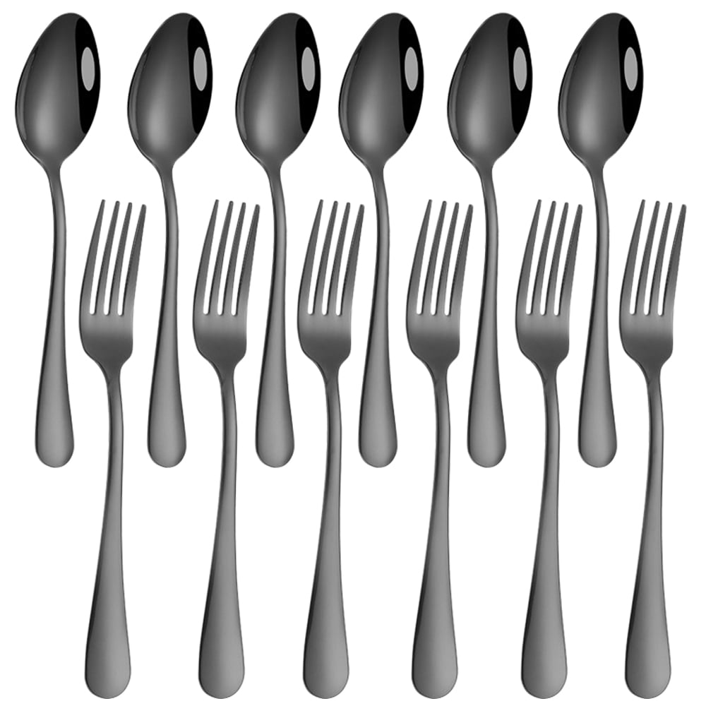 Set of 12, Black Plated Stainless Steel Dinner Forks and Spoons ...