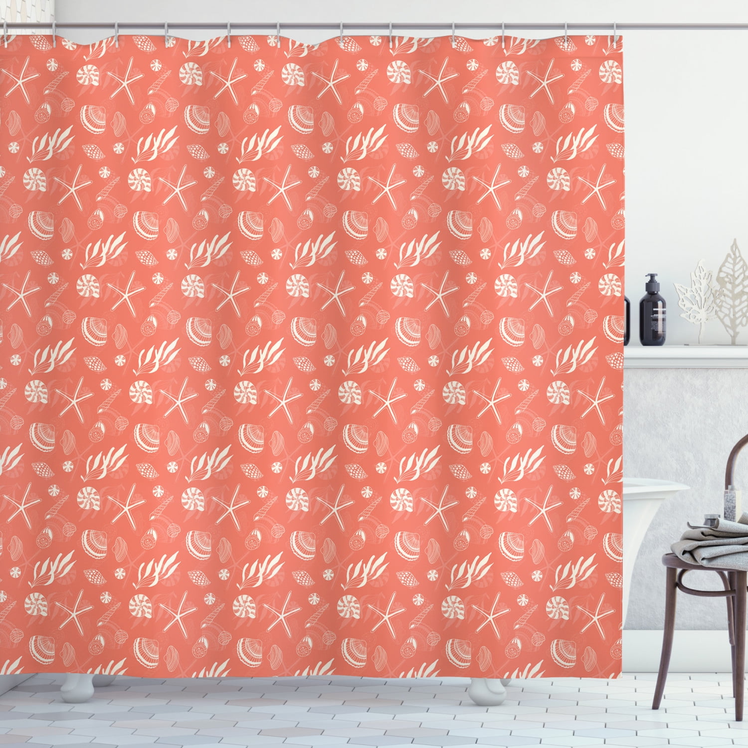 Ambesonne Shell Shower Curtain, Starfish Seaweed Scallop, 69"Wx70"L ...