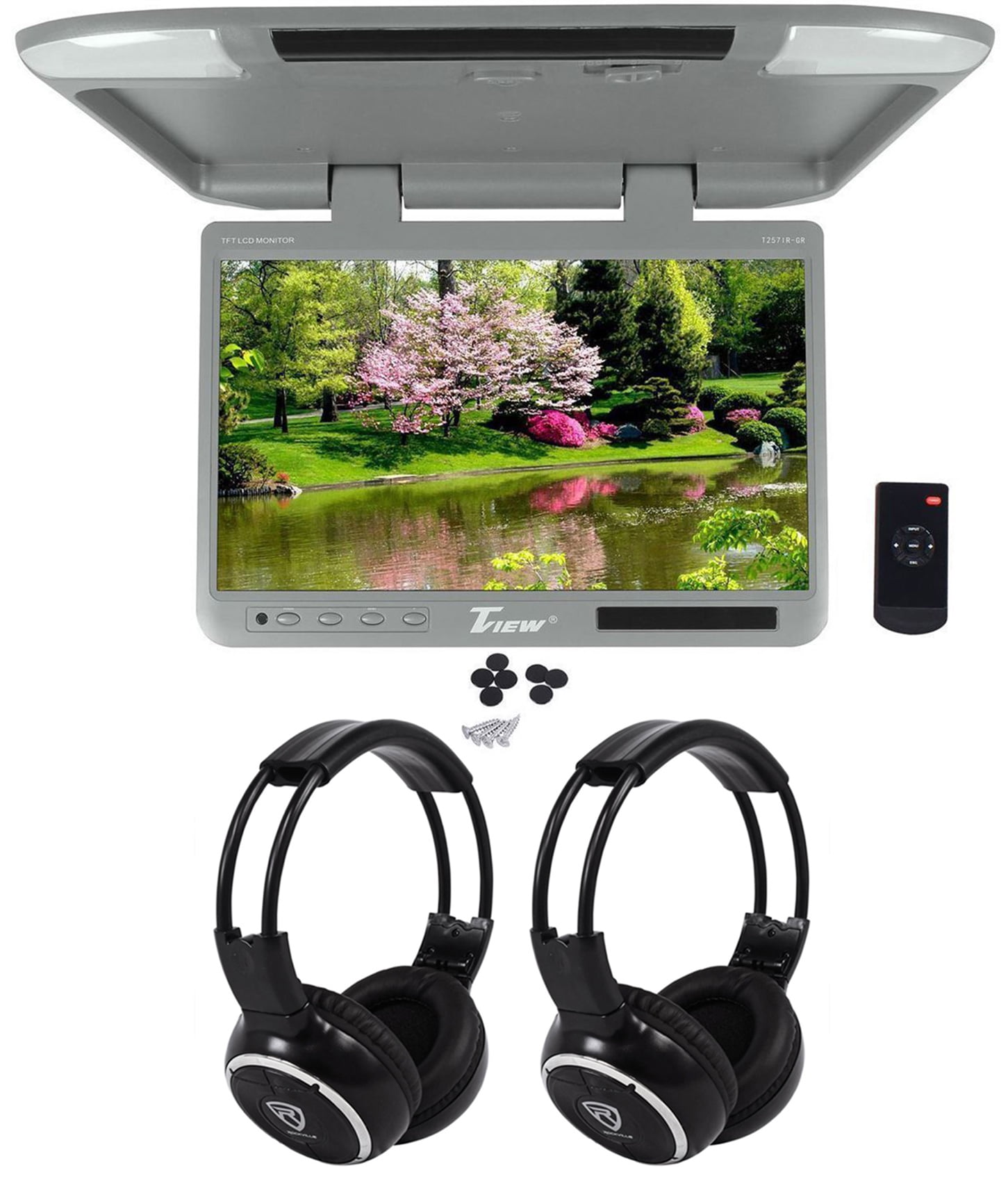 Tview T257IR-GR 25" Overhead Vehicle Television, Gray Flip Down Wide Screen Car Monitor +2 ...