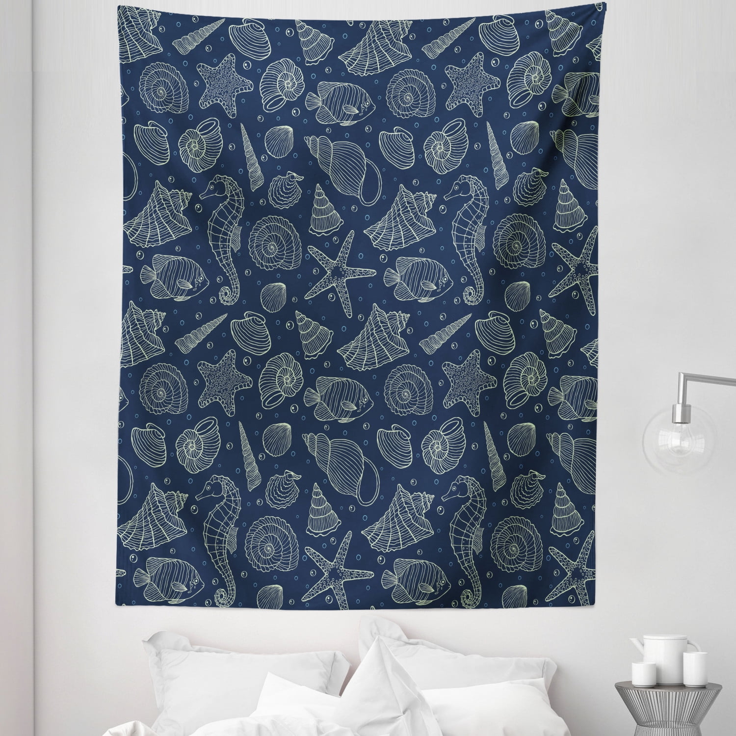 Sea Shells Tapestry, Monochrome Marine Elements with Dotted Background ...