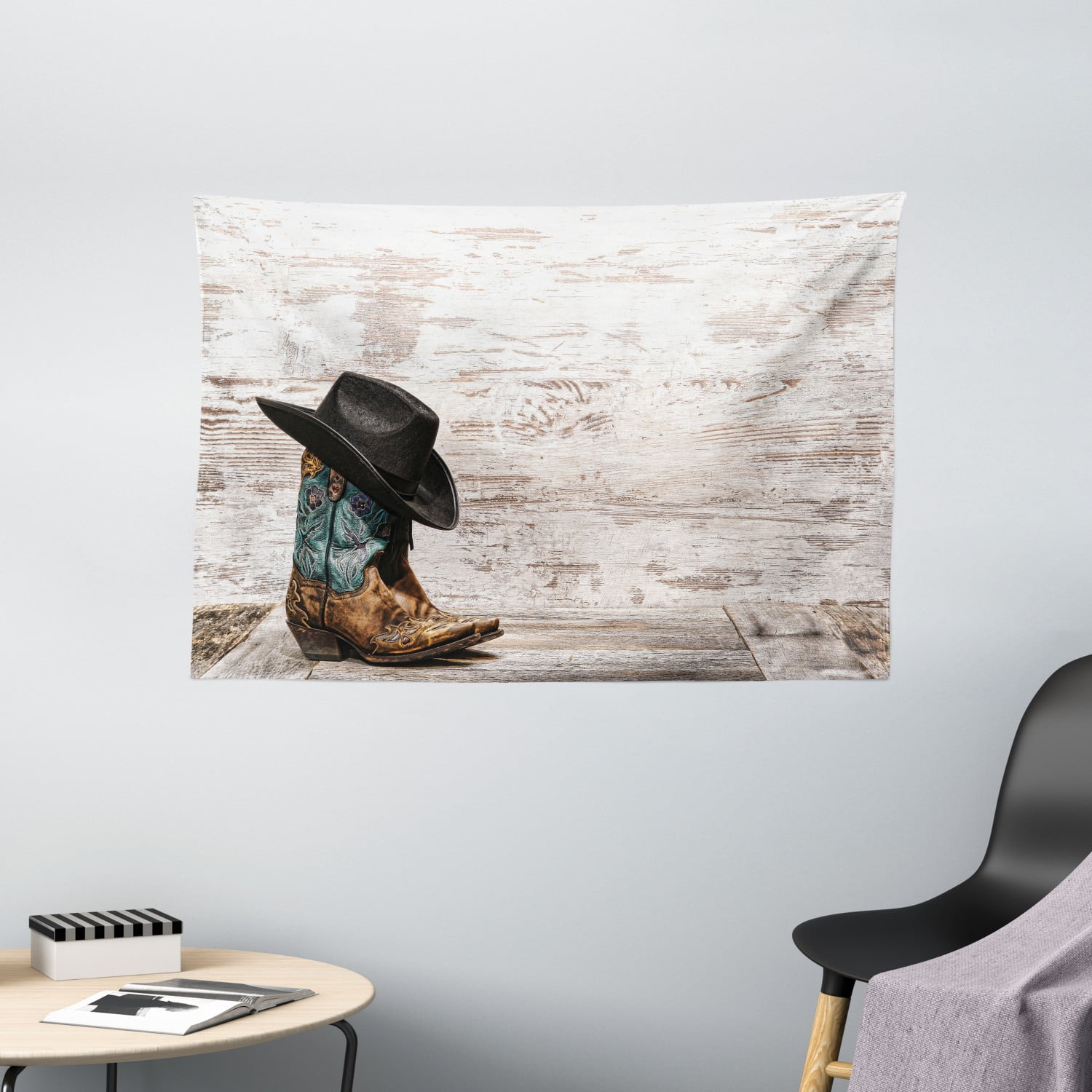 Western Tapestry, Traditional Rodeo Cowboy Hat and Cowgirl Boots Retro ...