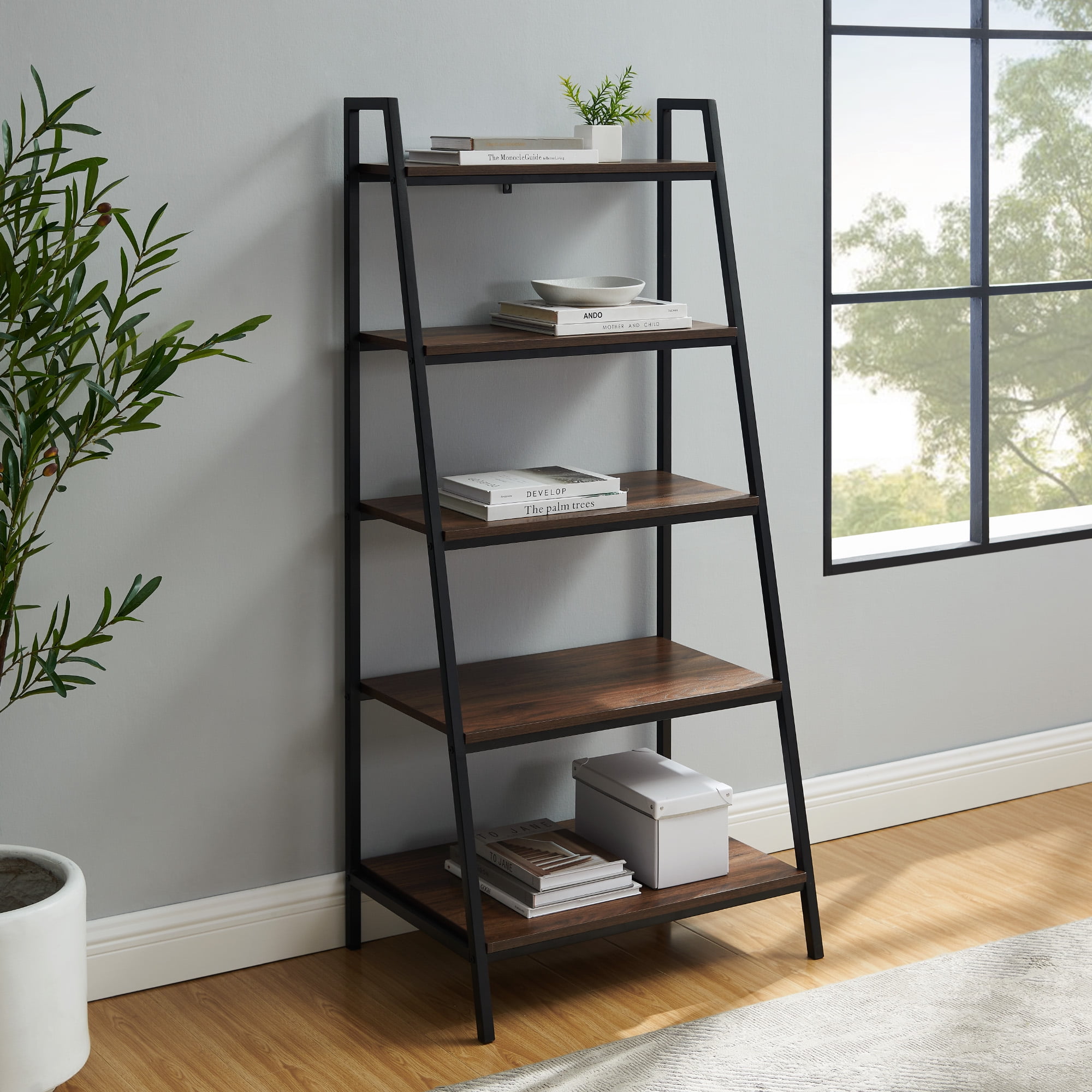 Manor Park Modern 5-Shelf Ladder Bookcase, Dark Walnut - Walmart.com