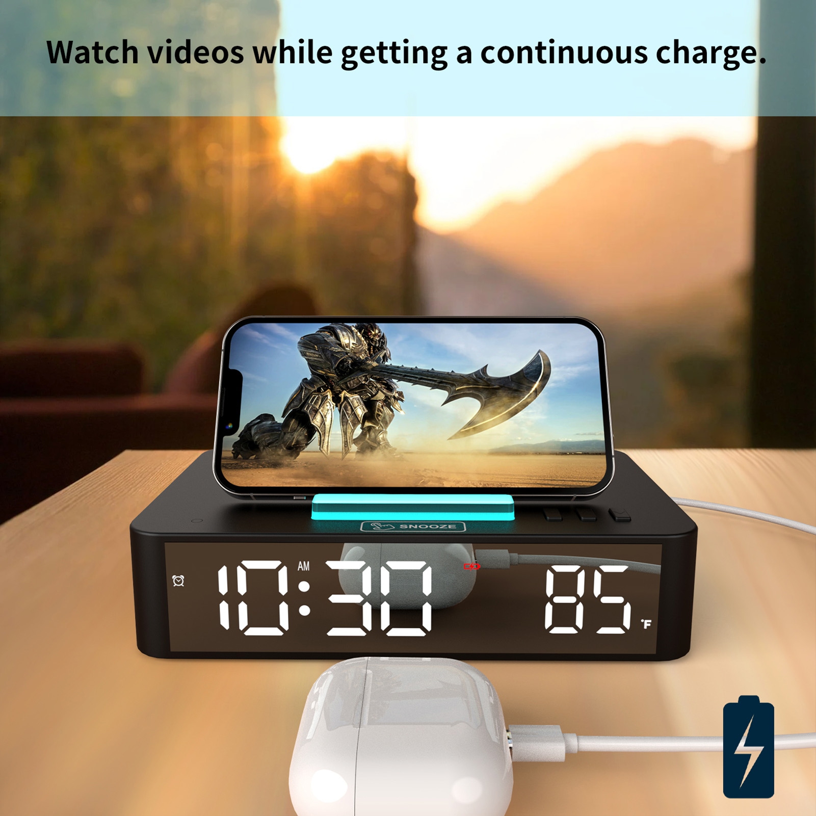 Washranp 1Set LED Alarm Clock,10W Wireless Charger Adjustable ...