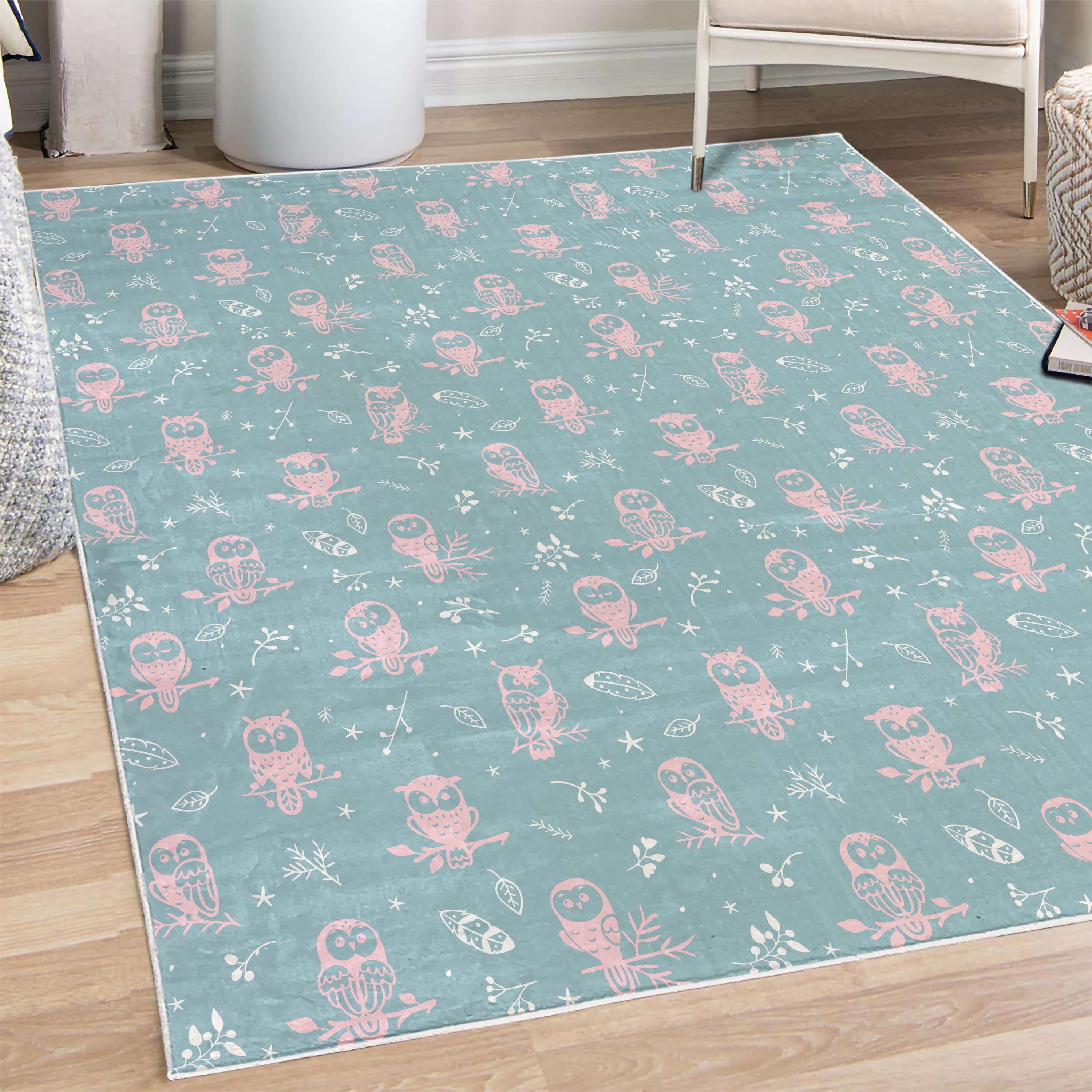 Owl Decorative Rug, Cartoon Style Illustration of Birds on the Branches ...