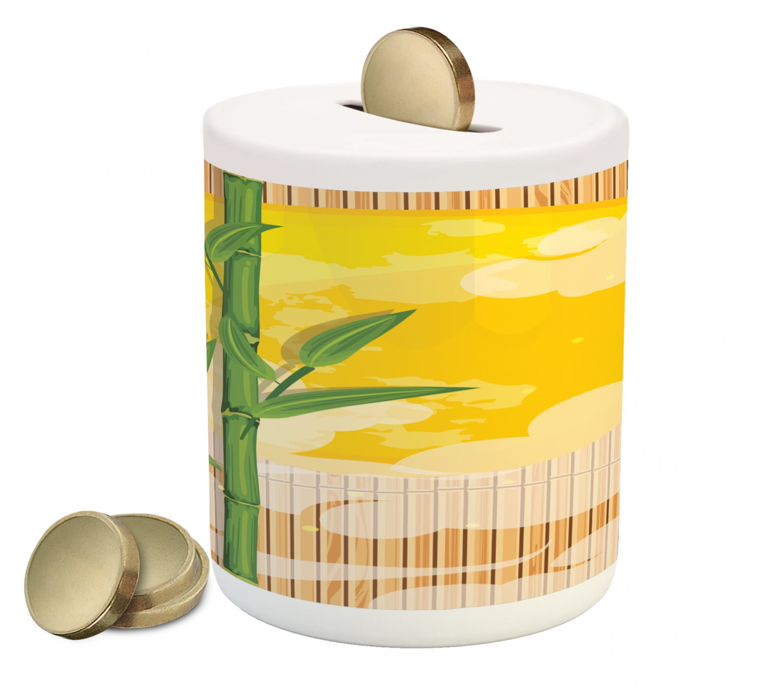 East Piggy Bank, Bamboo Tree Branches Full Moon and Abstract Curvy ...