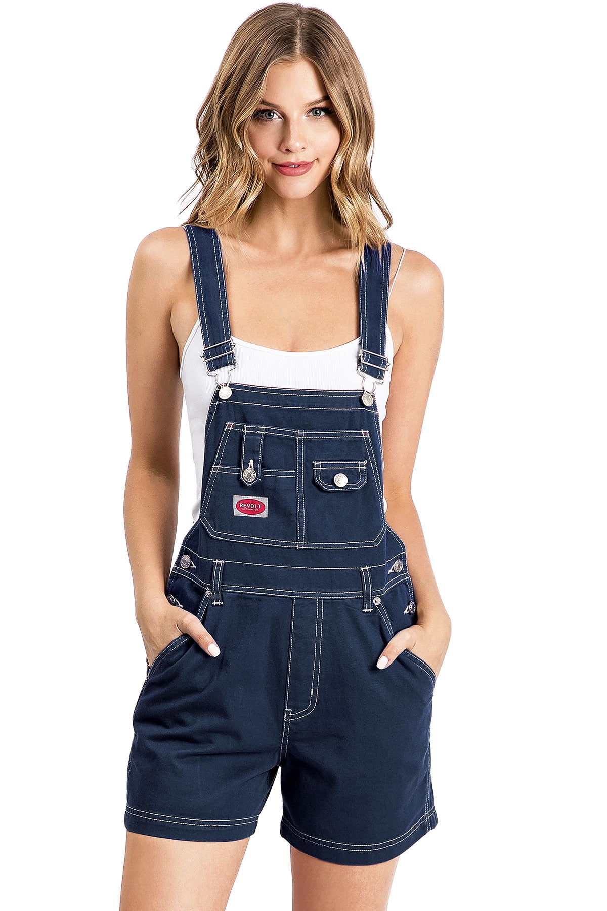 Revolt Women's Juniors Classic Twill Short Overalls (Navy/WT Stitch, M ...