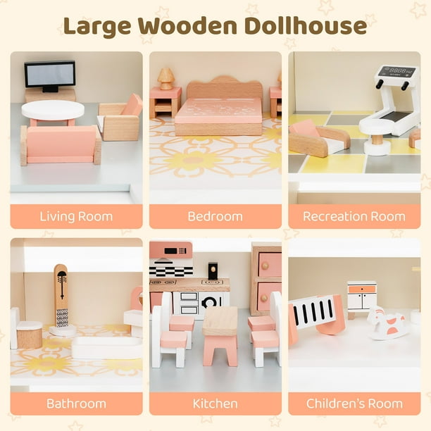 Wooden Corner Dollhouse Playset with 41 Pieces of Accessories for Kids 3 Years Old Orange costway