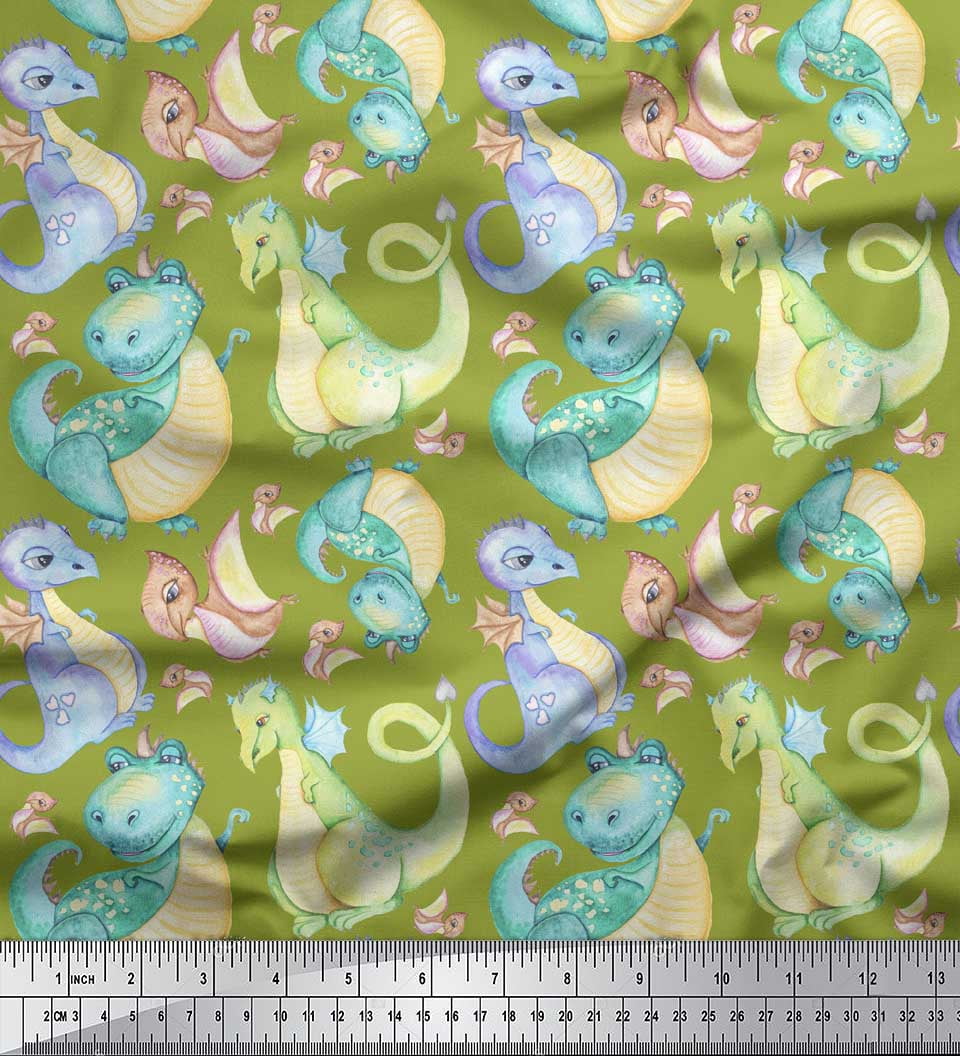 Soimoi Green Silk Fabric Dinosaurs Kids Print Fabric by the Yard 42 ...