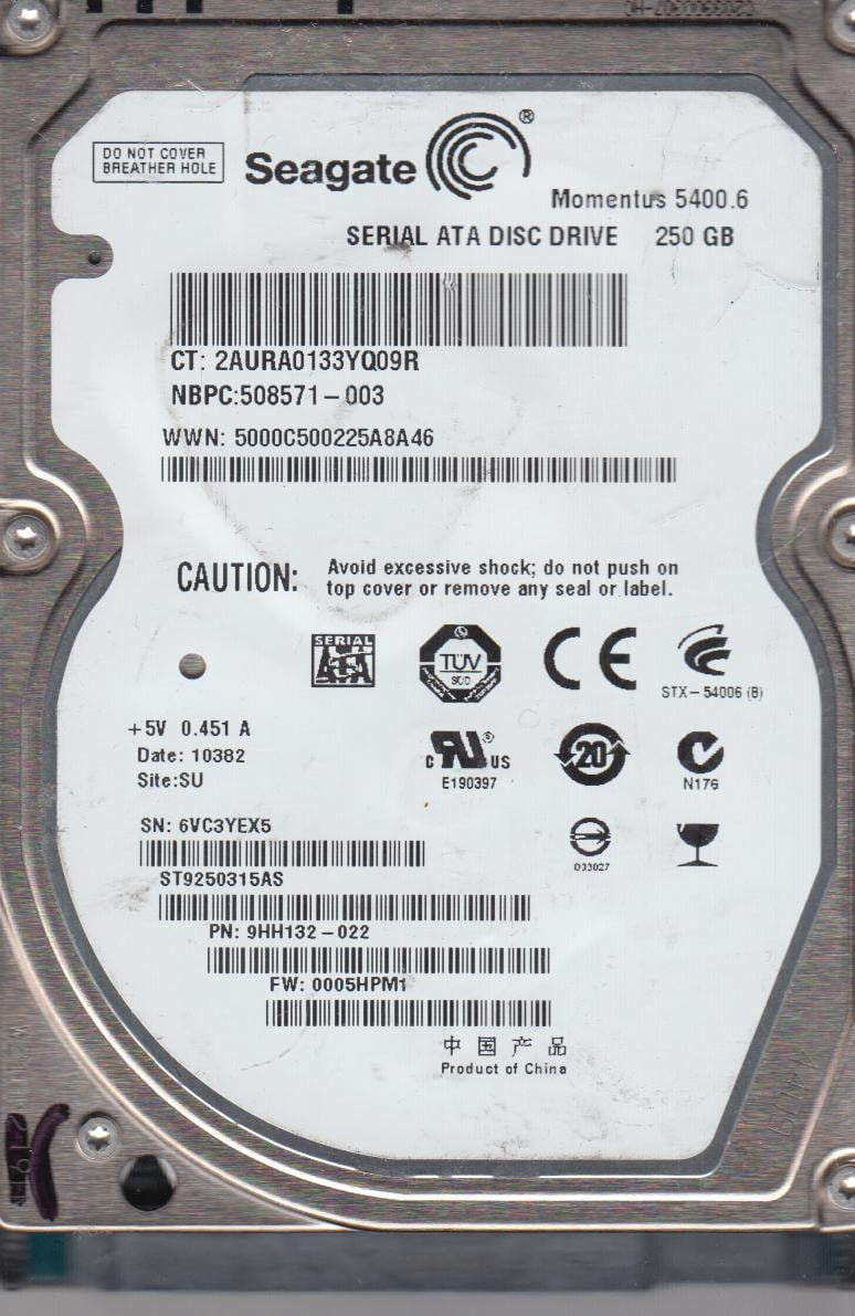 ST9250315AS, 6VC, SU, PN 9HH132-022, FW 0005HPM1, Seagate 250GB SATA 2.5 Hard Drive - Walmart.com