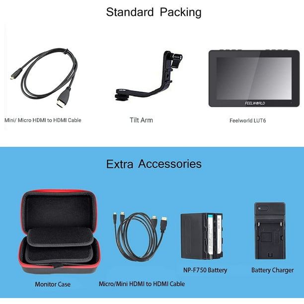 FEELWORLD LUT6 +NP-F750 Battery+ Charger+Carry Case 6 Inch 2600nits HDR ...