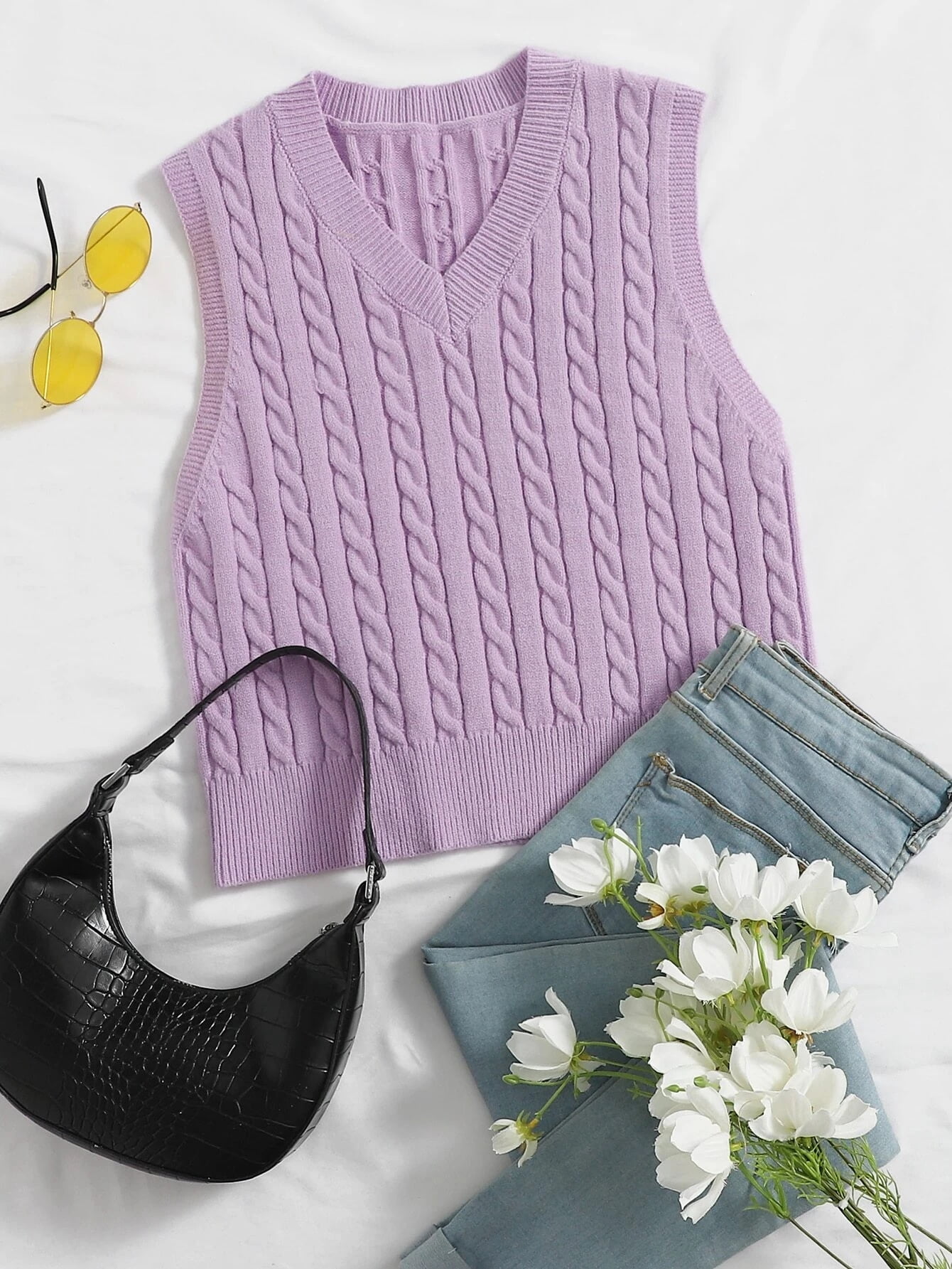Hotian Women Cable Knit Sweater Vest V Neck Pullover Purple XL ...